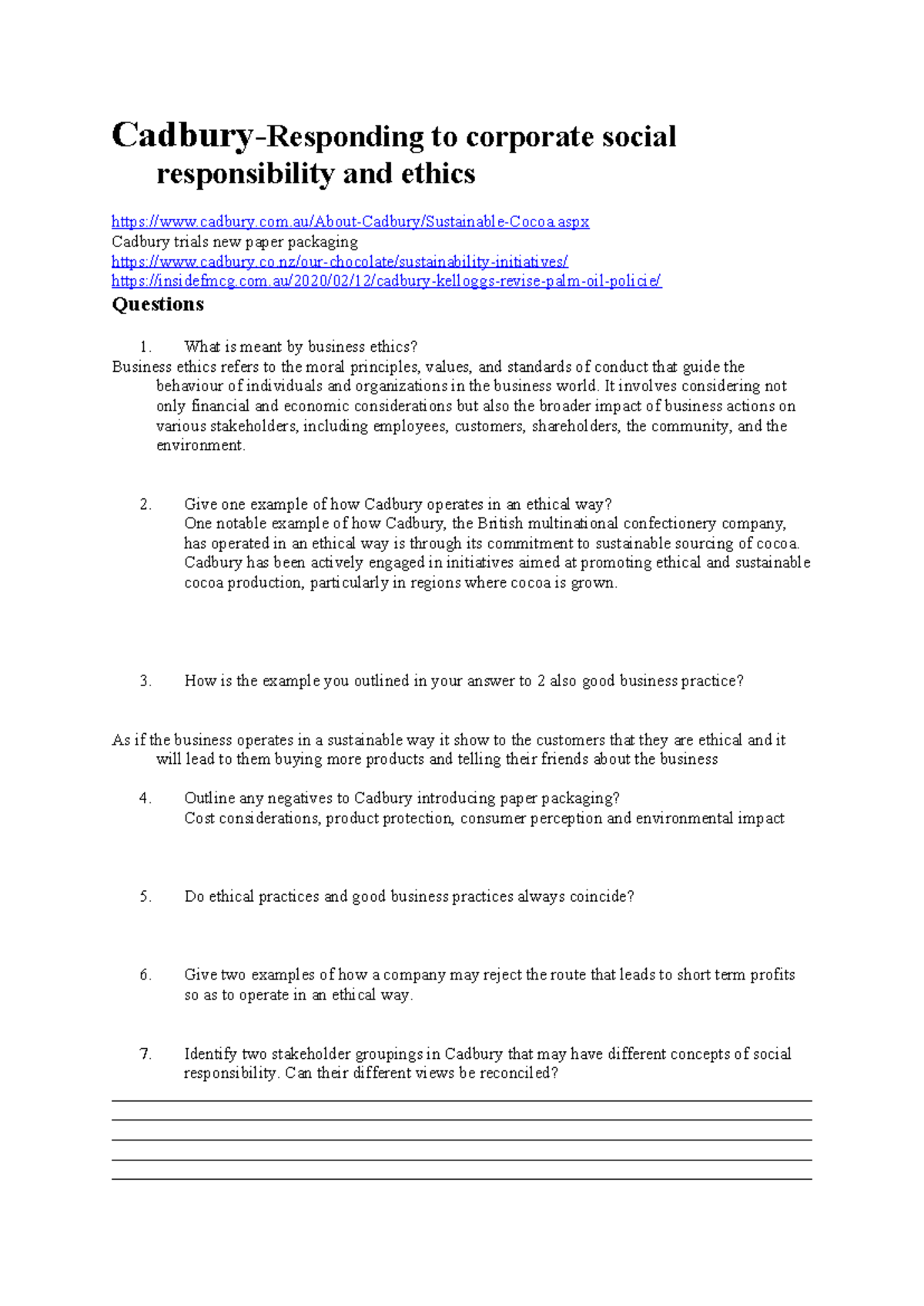 3b. Cadbury Worksheet - dfghjk - Cadbury-Responding to corporate social ...