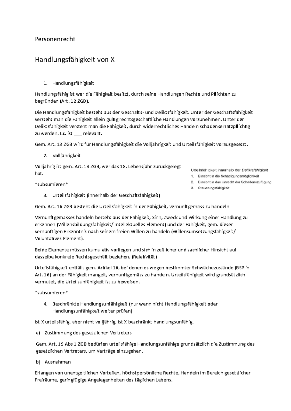 Personenrecht - Schemas - Personenrecht Handlungsfähigkeit von X ...