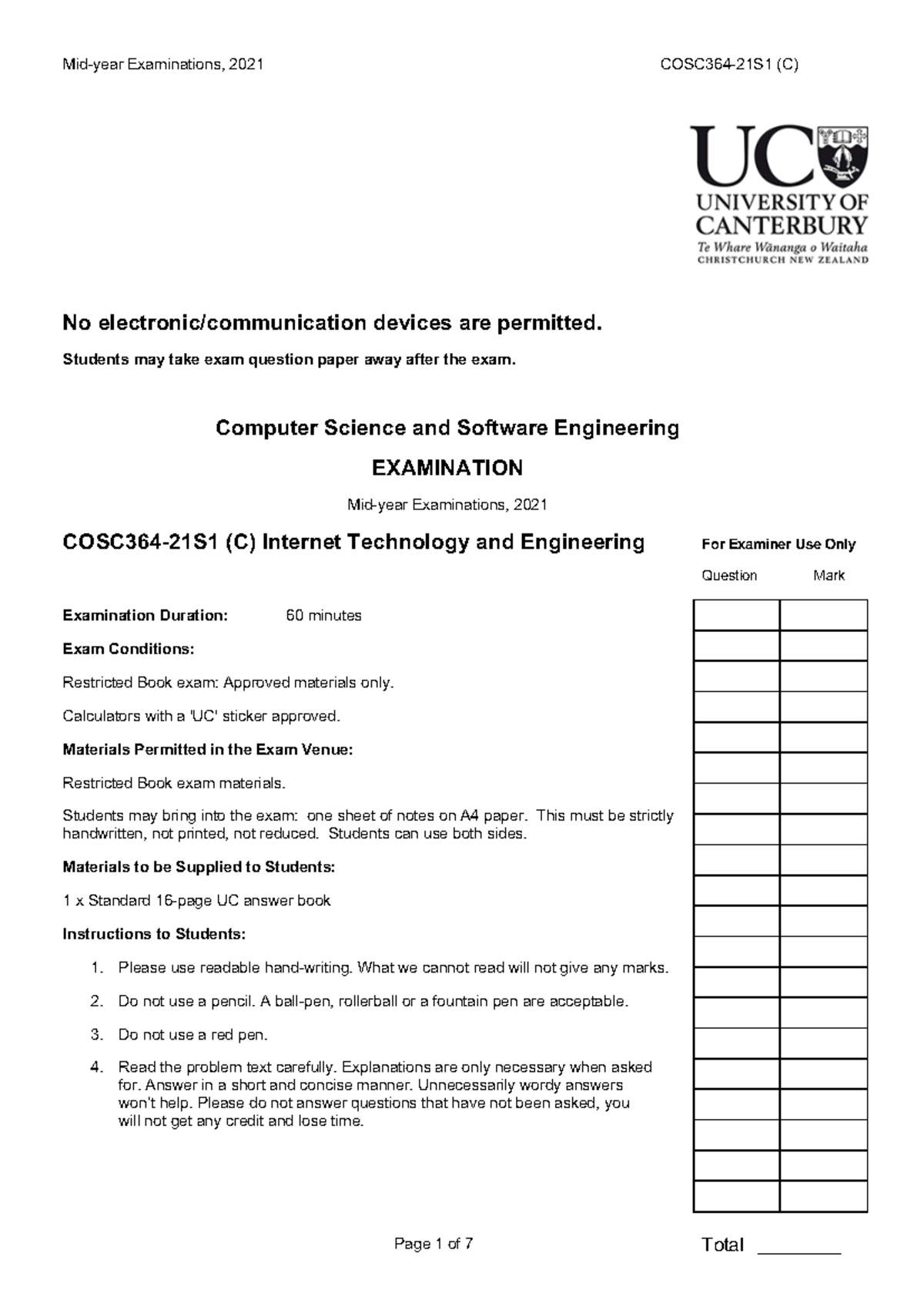 COSC364 exam-2021 - The past exam from 2021, without answers - Mid-year Examinations, 2021 - Studocu
