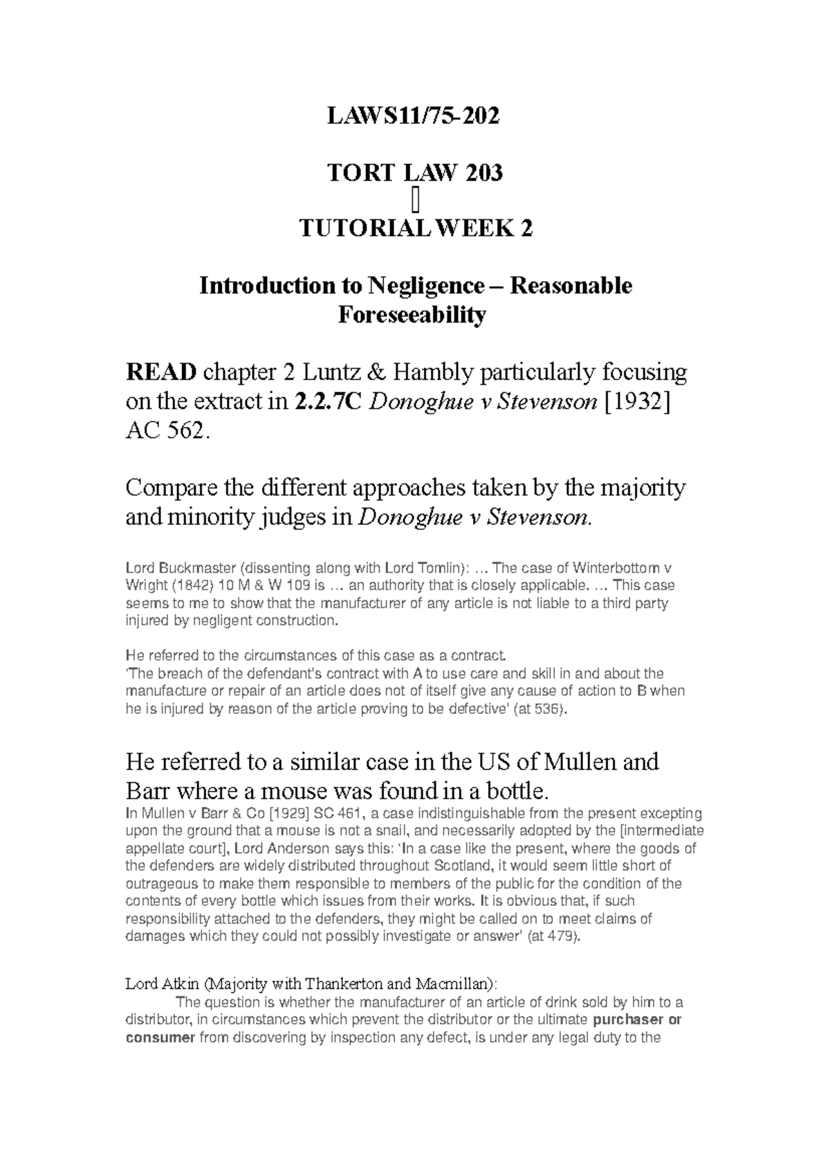 Tute Week 2 Tort Law 203 - LAWS11/75- TORT LAW 203 TUTORIAL WEEK 2 Introduction to Negligence ...