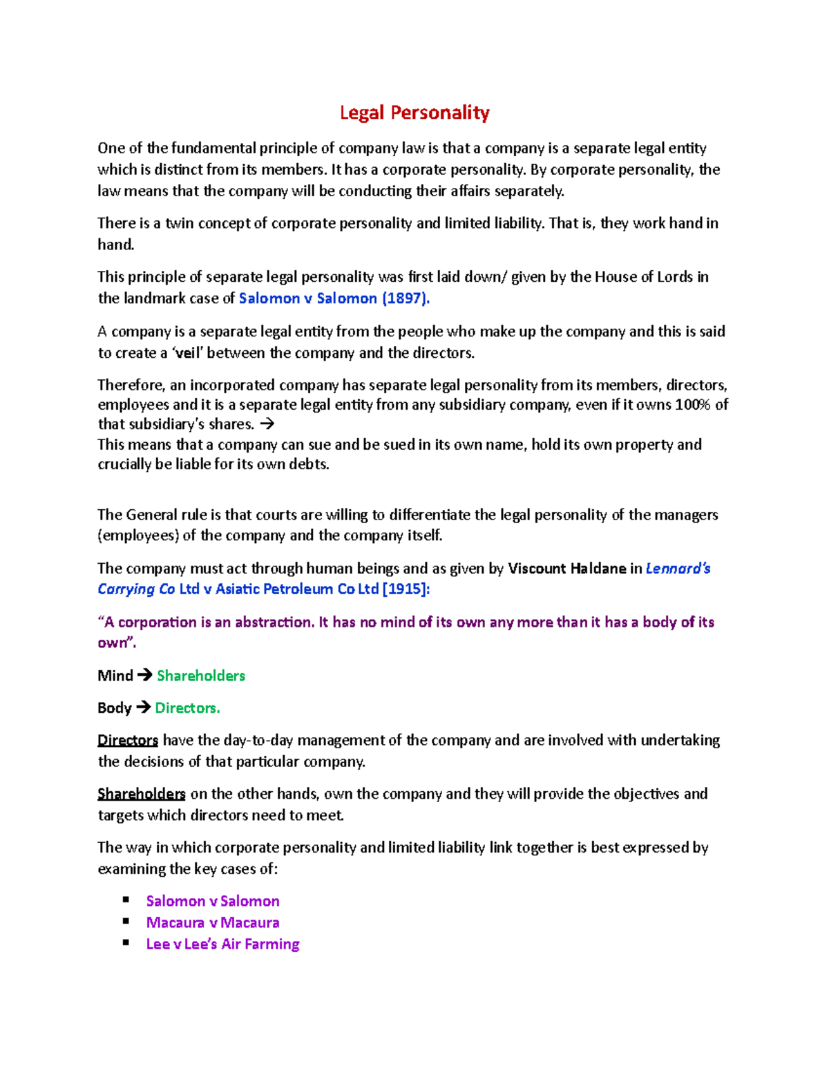 Corporate Personality - Legal Personality One of the fundamental ...