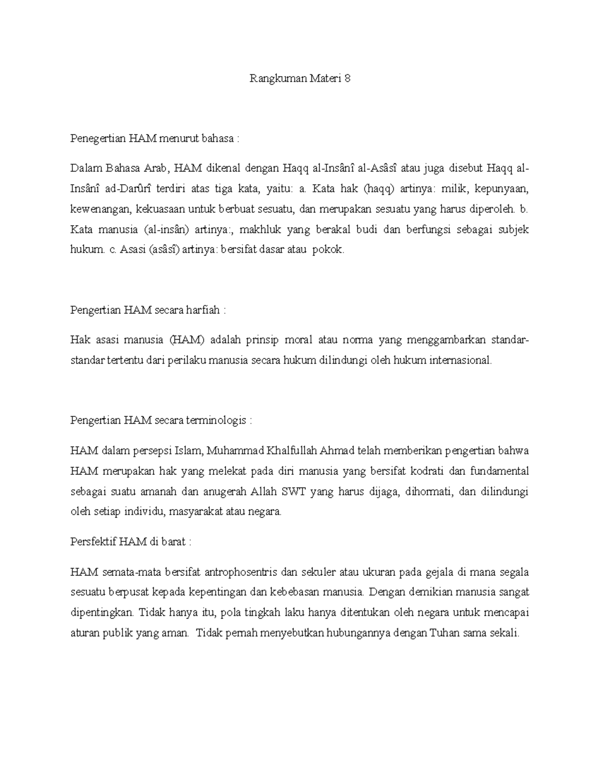 Rangkuman Materi ke-8 - Rangkuman Materi 8 Penegertian HAM menurut ...