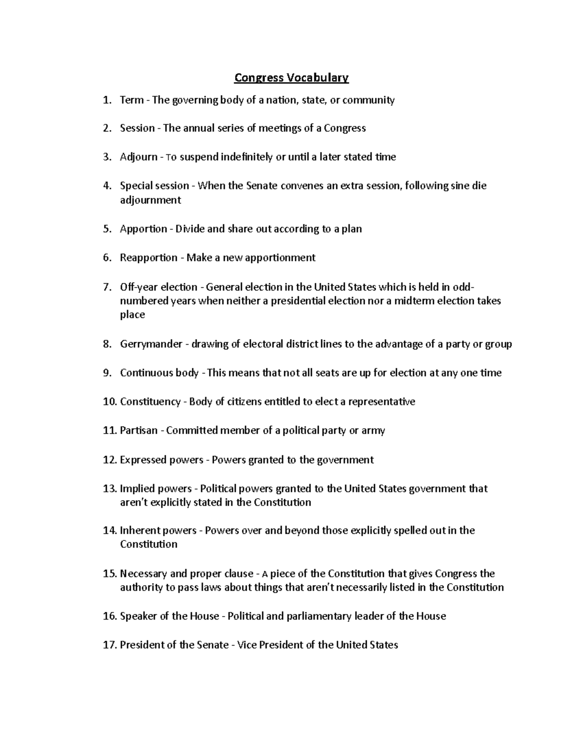 Congress Vocabulary - this doc has defines to the vocab that are listed ...