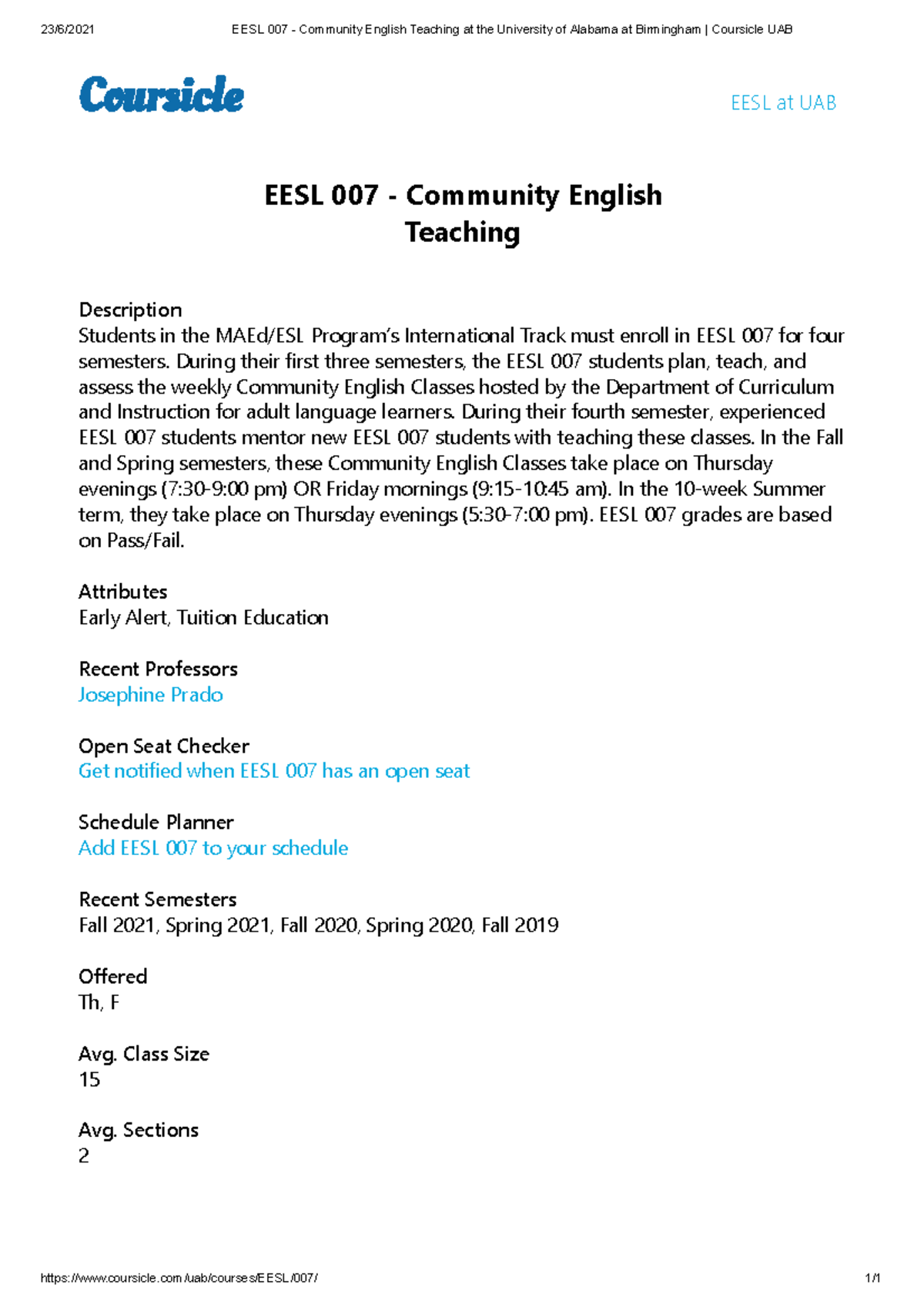 EESL 007 - Community English Teaching at the University of Alabama at ...