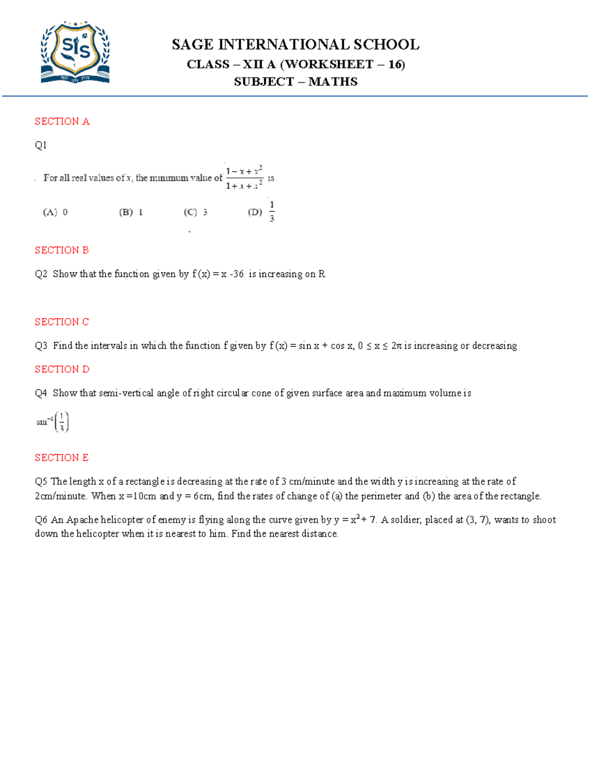12A worksheet 16 - SAGE INTERNATIONAL SCHOOL CLASS – XII A (WORKSHEET ...