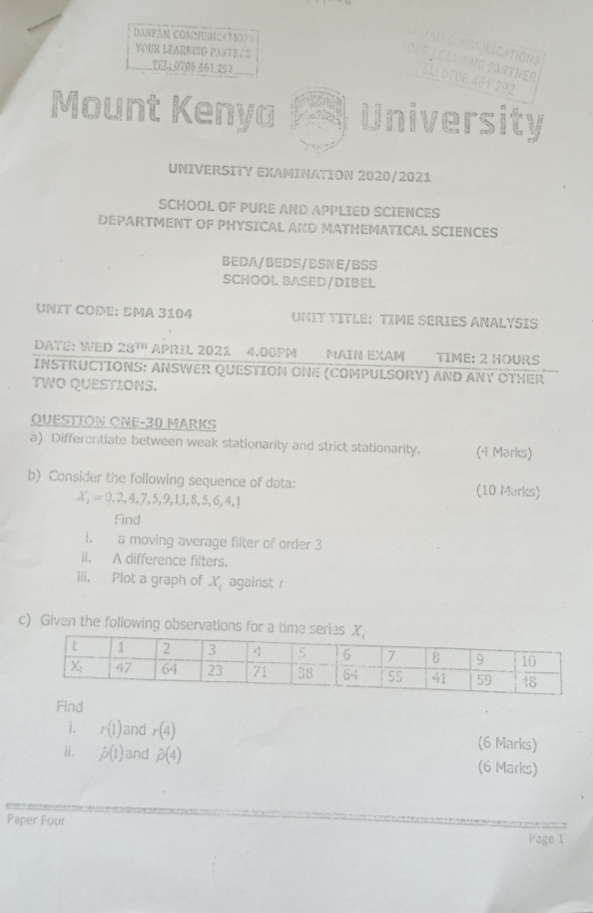 Pdf question time series - Time Series - Studocu