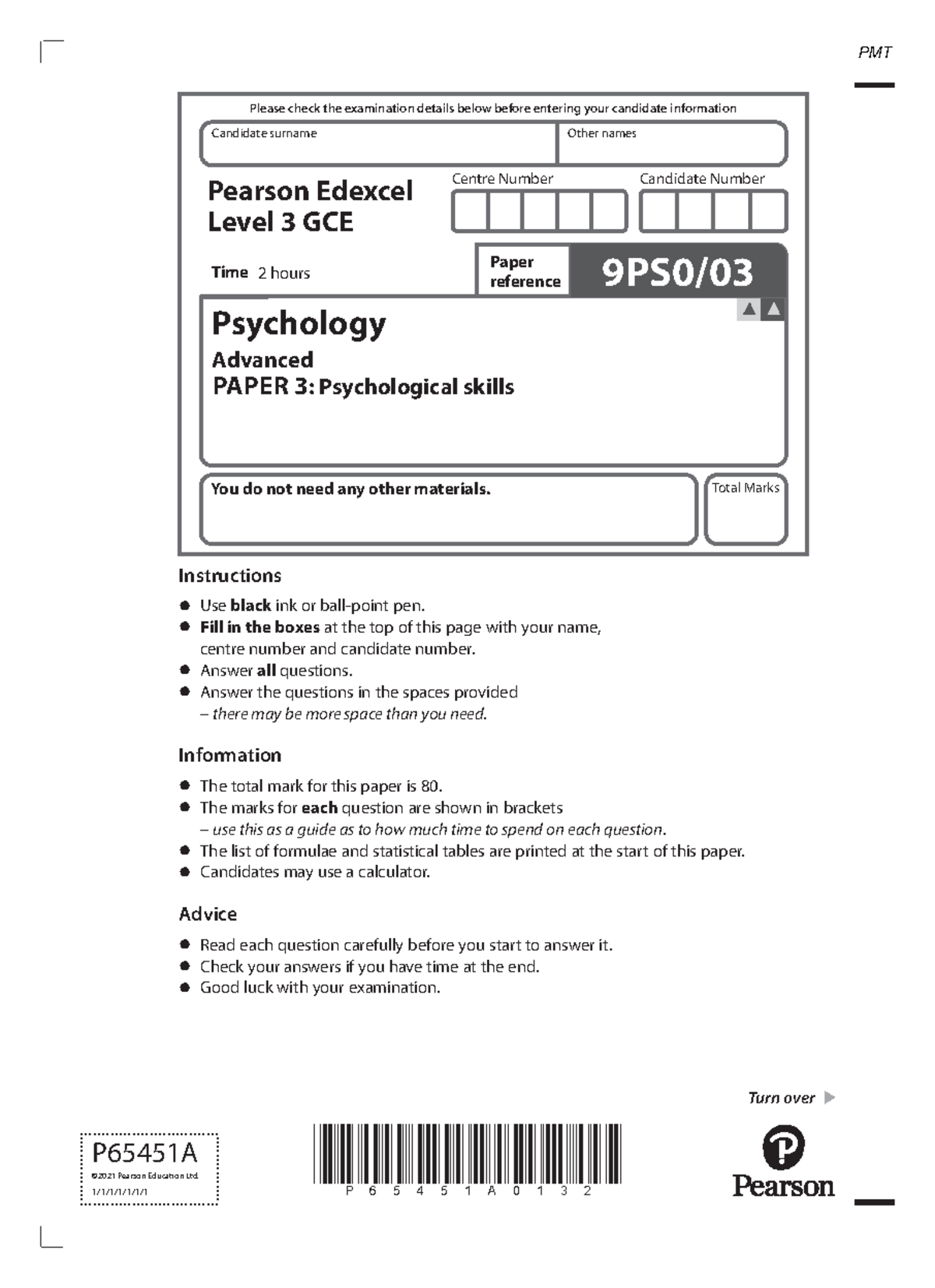 June 2021 QP - Paper 3 Edexcel Psychology A-level - P65451A0132 Turn ...