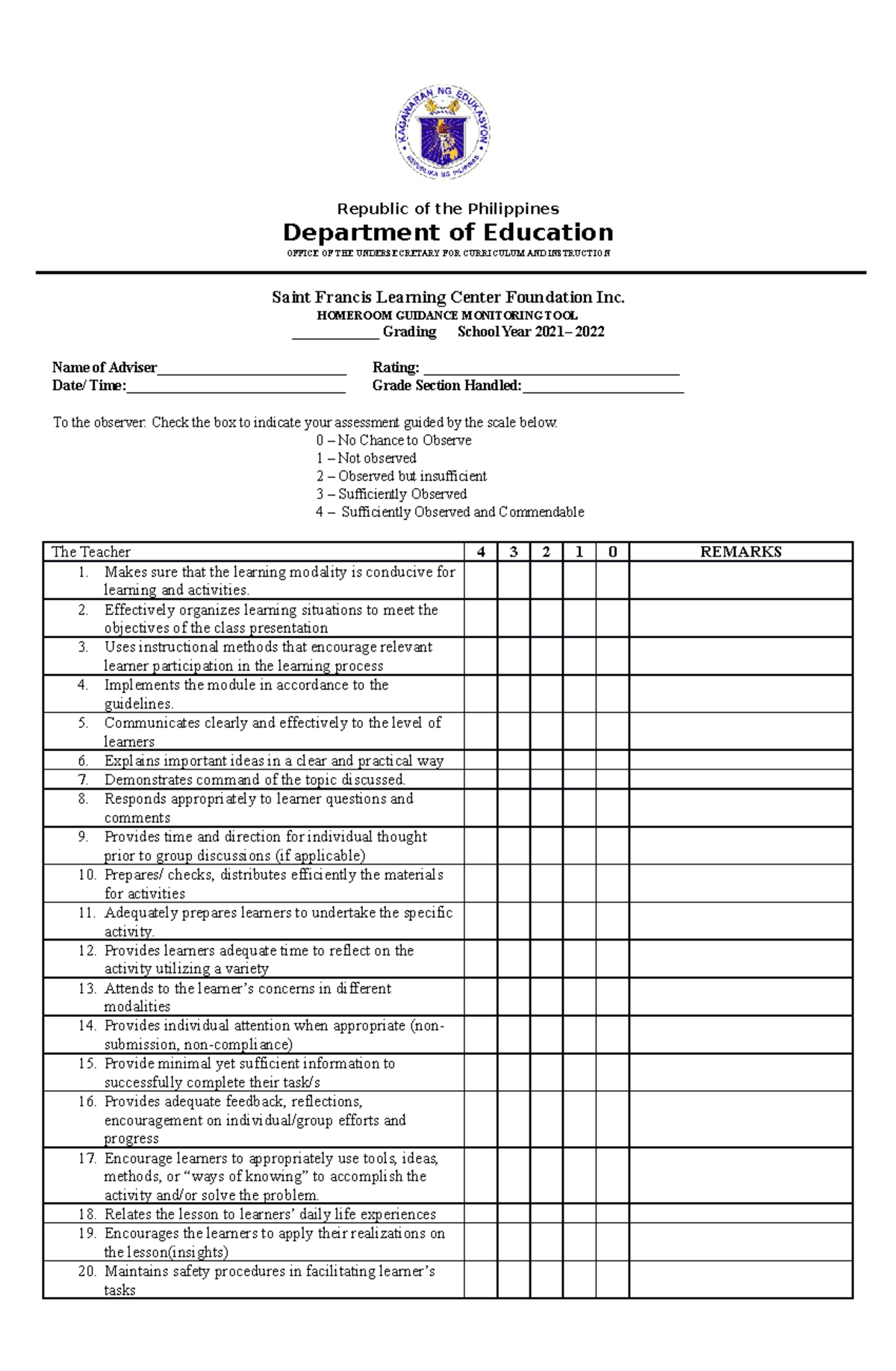 HGP Teachers monitoring 2021 2022 - Republic of the Philippines ...