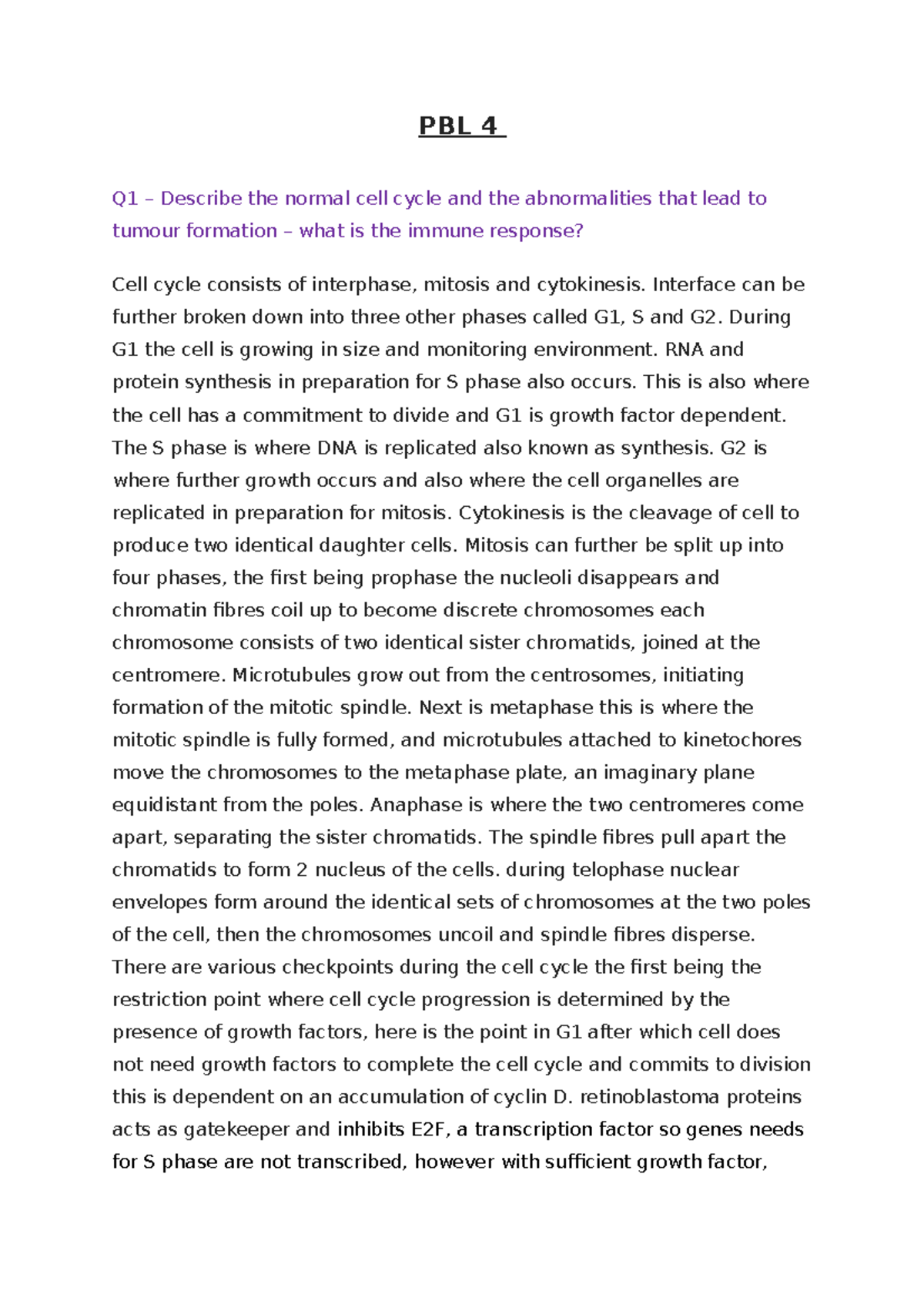 PBL 4 - Cell cycle and teratomas and treatment etc. - PBL 4 Q1 ...