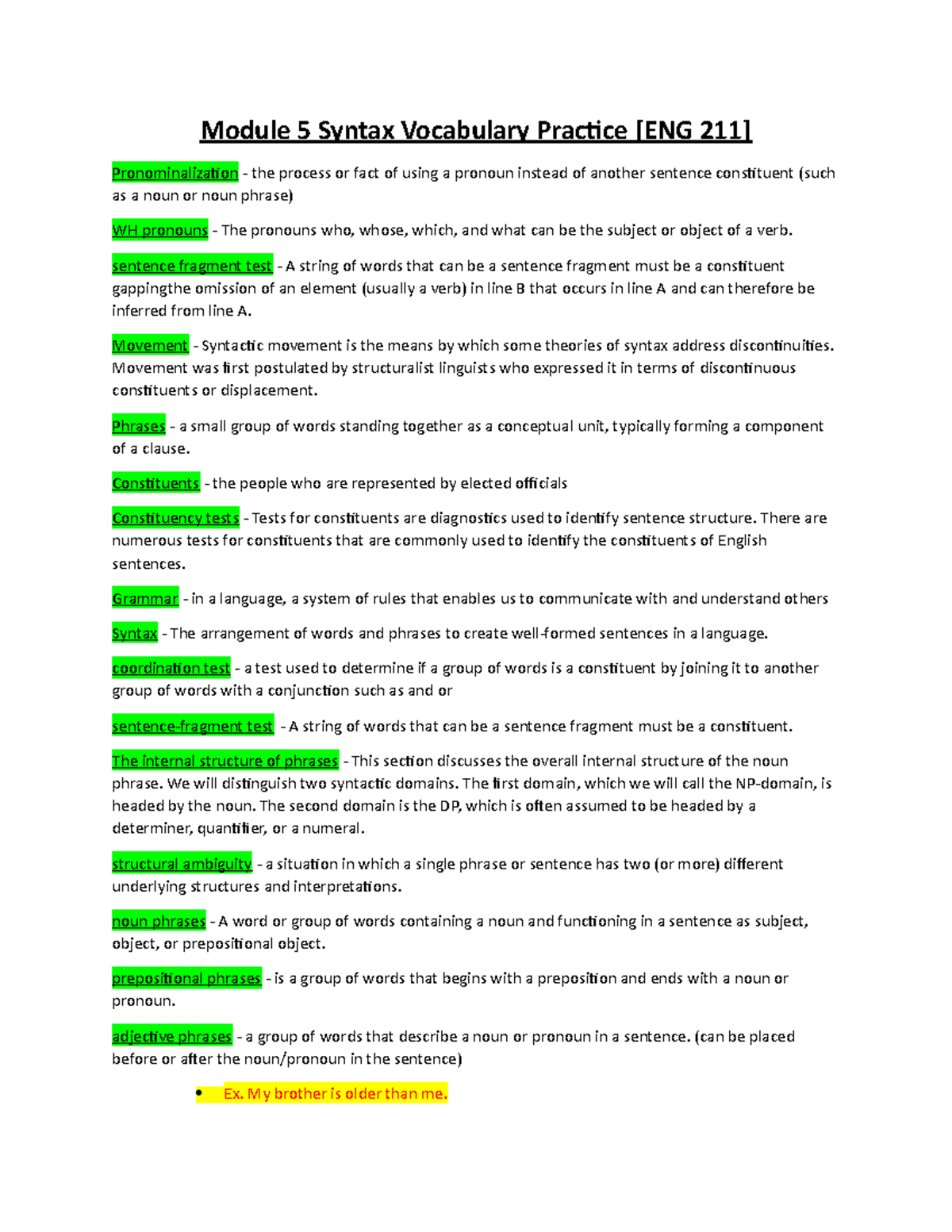 Module 5 Syntax Vocabulary Practice [ Eng 211 ] Module 5 Syntax
