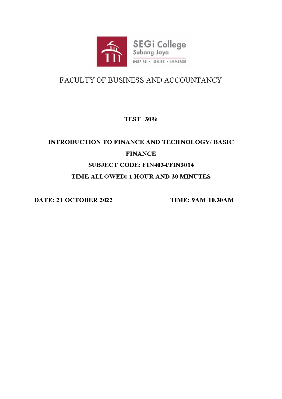 Tutorial-Questions - Introduction To Finance - FACULTY OF BUSINESS AND ...