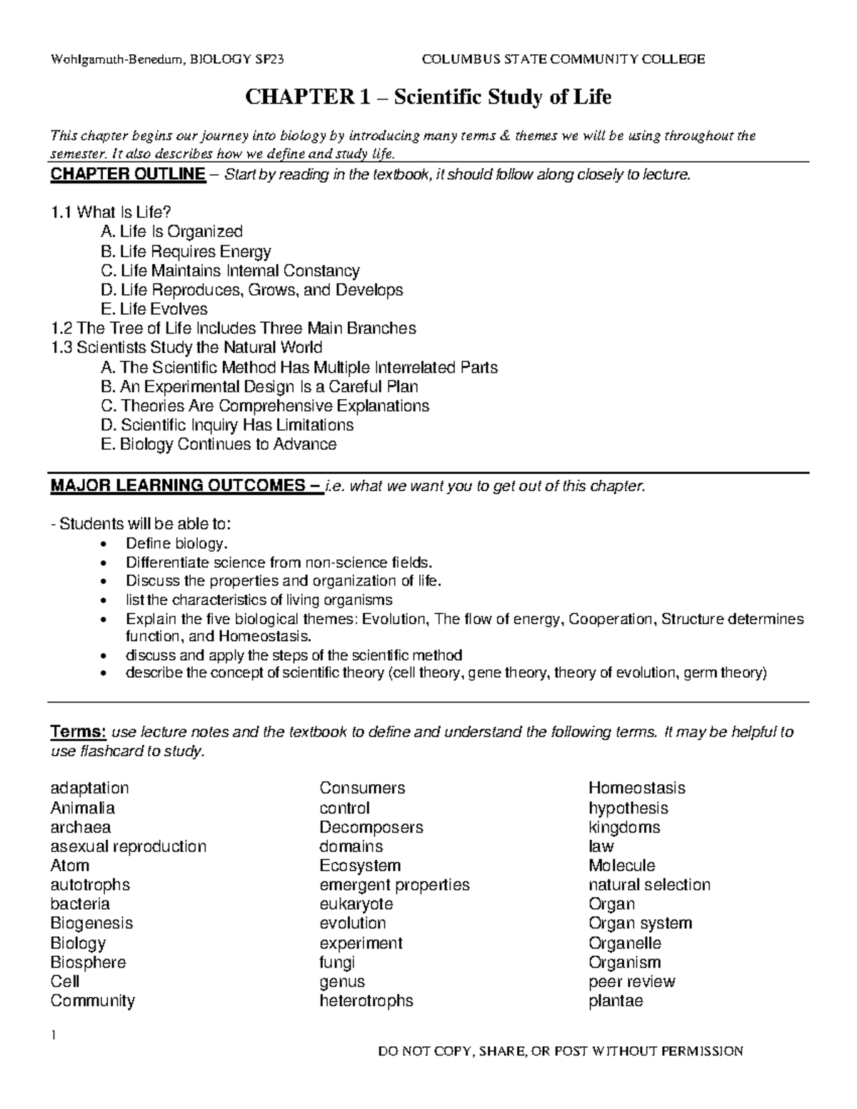 Biology Chapter 1 Studyguide SP23 - Wohlgamuth-Benedum, BIOLOGY SP23 ...