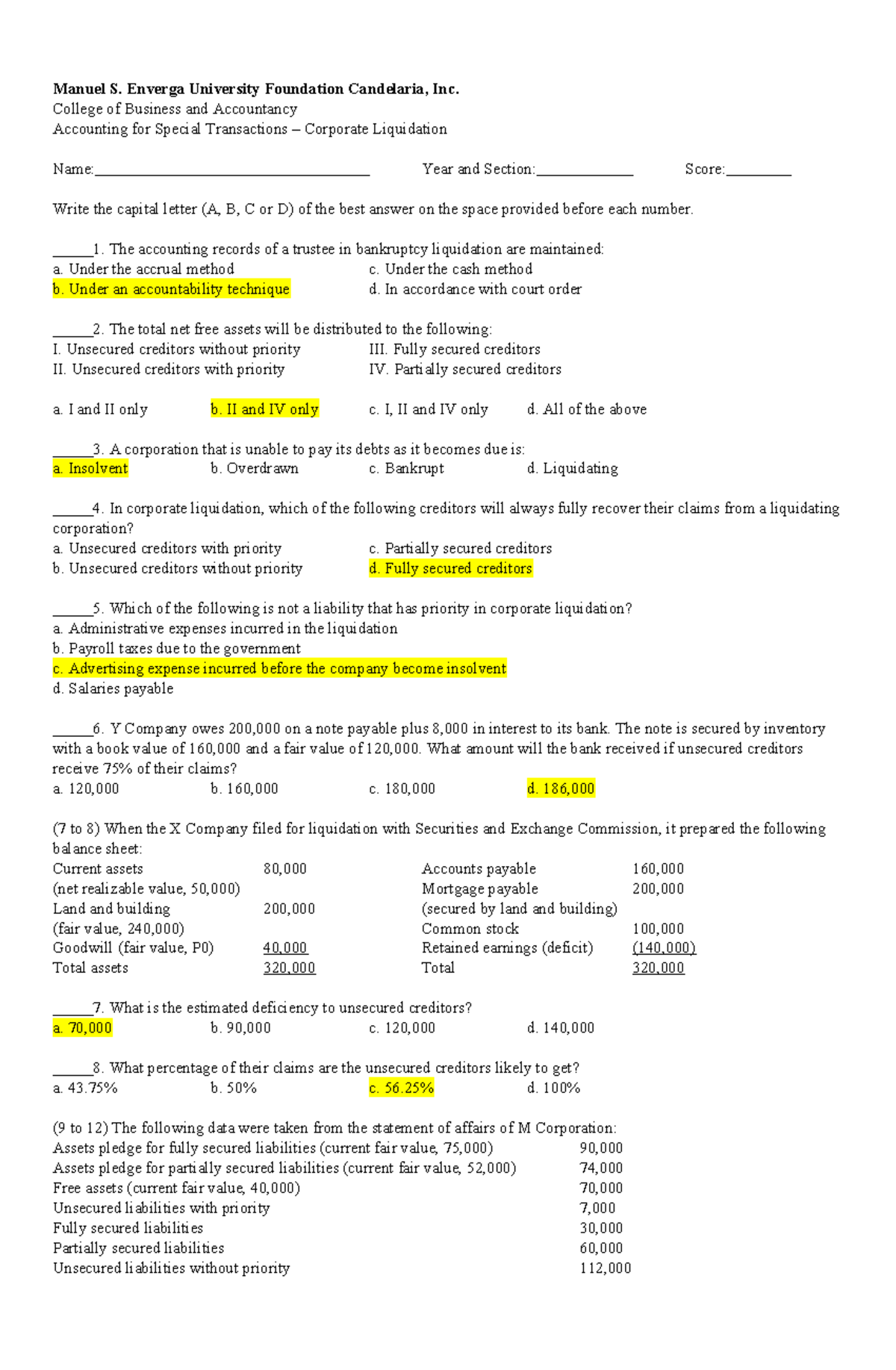 Corporate Liquidation - Prequiz - Manuel S. Enverga University ...