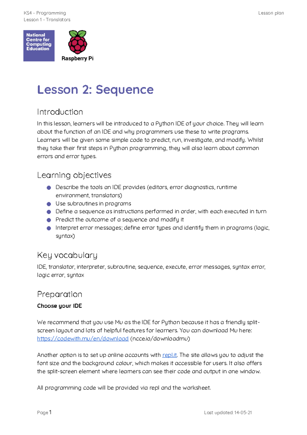 L2 Lesson plan – Programming – KS4 - Lesson 1 - Translators Lesson 2: Sequence Introduction In ...