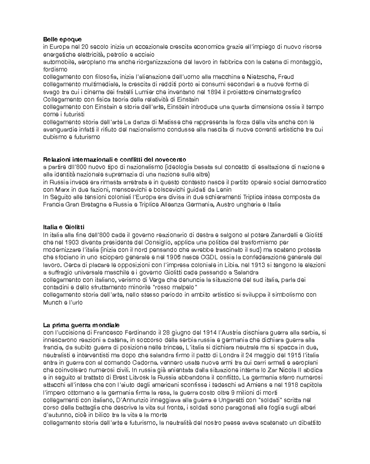 Schema generale storia - Belle epoque in Europa nel 20 secolo inizia un ...