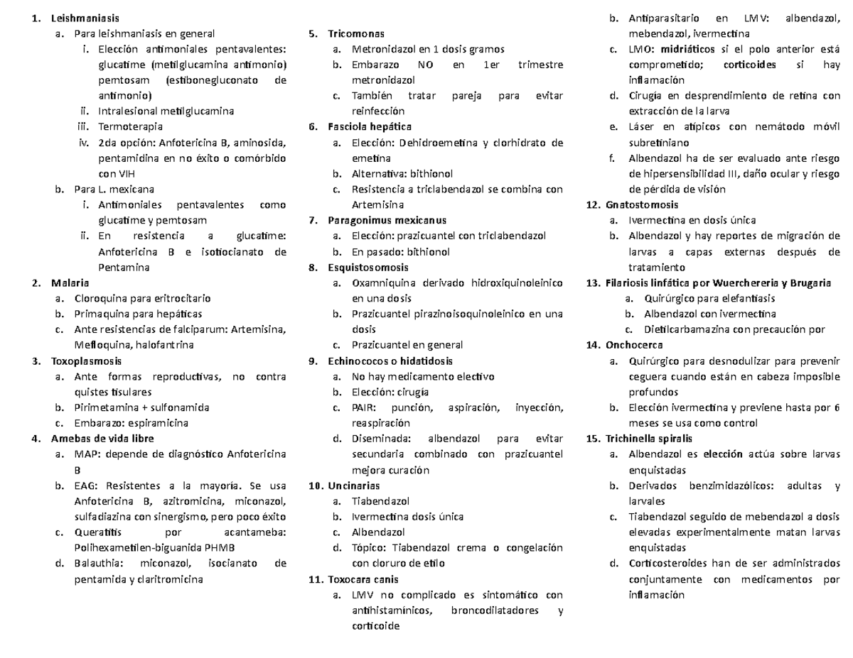 Tratamientos P2 - Leishmaniasis a. Para leishmaniasis en general i ...