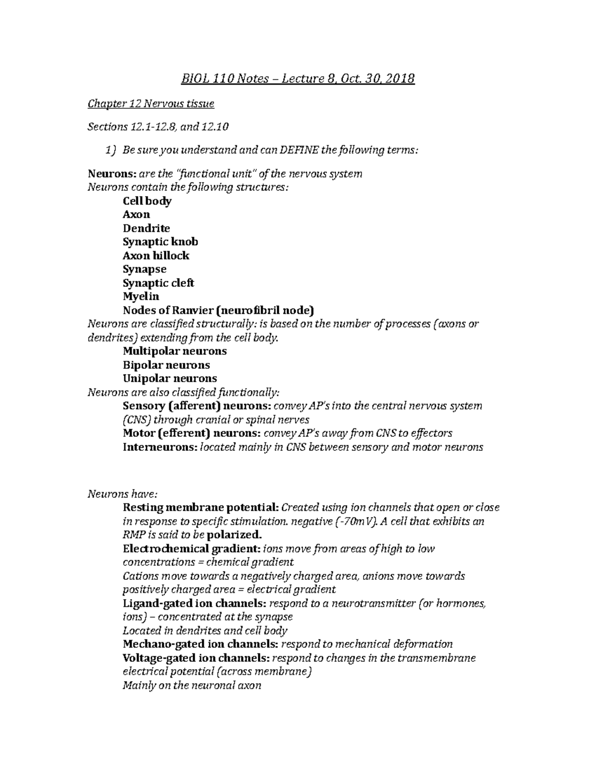 BIOL 110 Nervous Tissue Lecture Notes - Studocu