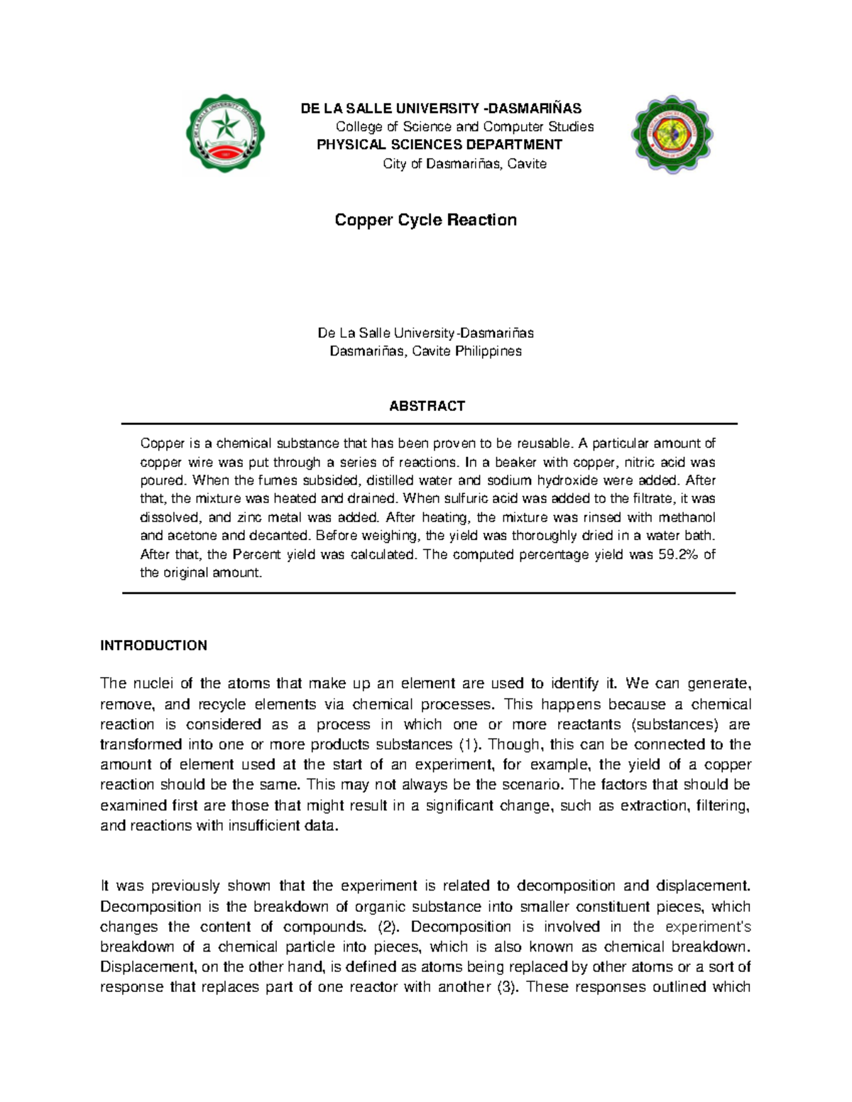 CHEM LAB Scientific Paper - DE LA SALLE UNIVERSITY -DASMARIÑAS College ...