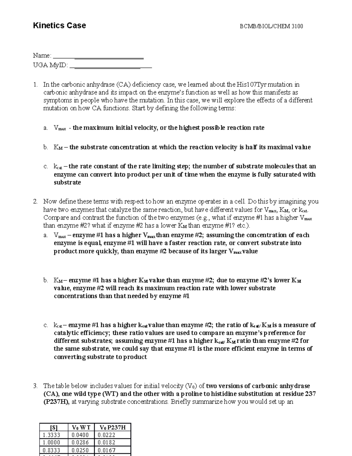 Biochem Kinetics Case Study - Kinetics Case BCMB/BIOL/CHEM 3100 Name