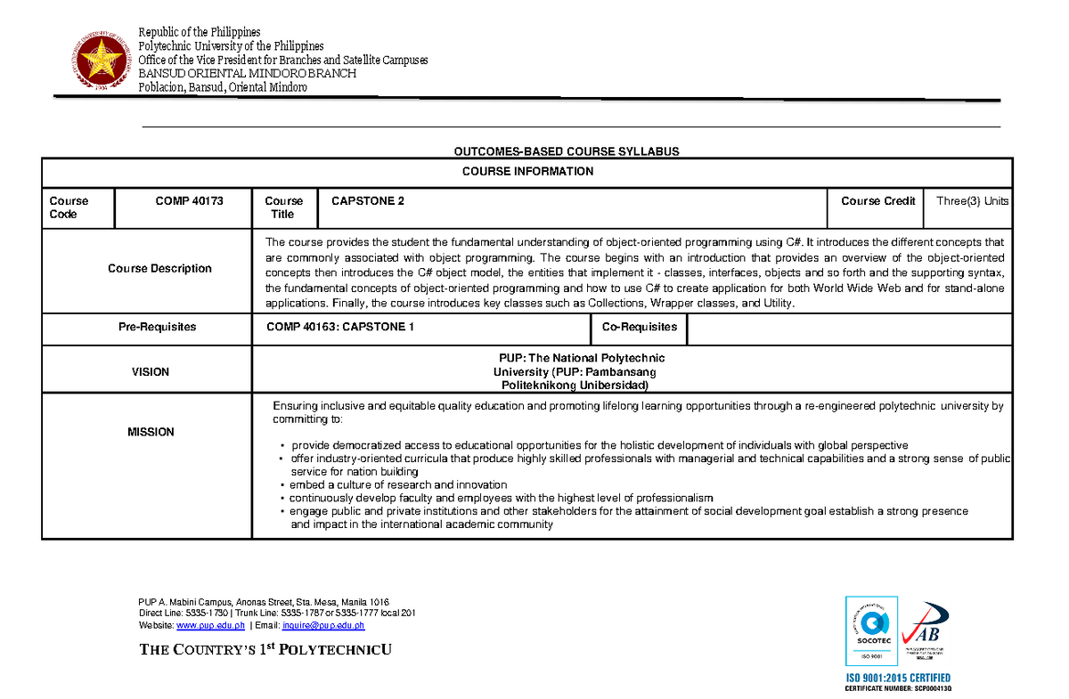 OBLT - Syllabi-BSIT-Capstone 2 - Polytechnic University of the ...