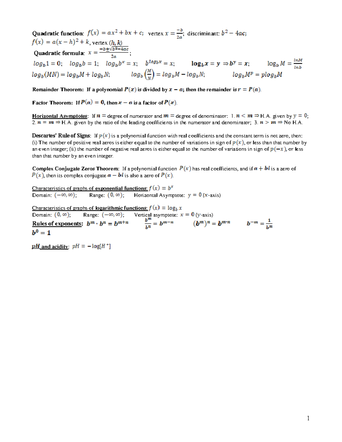 Exam 1 Formula Sheet - 1 Quadratic function: vertex ; discriminant ...