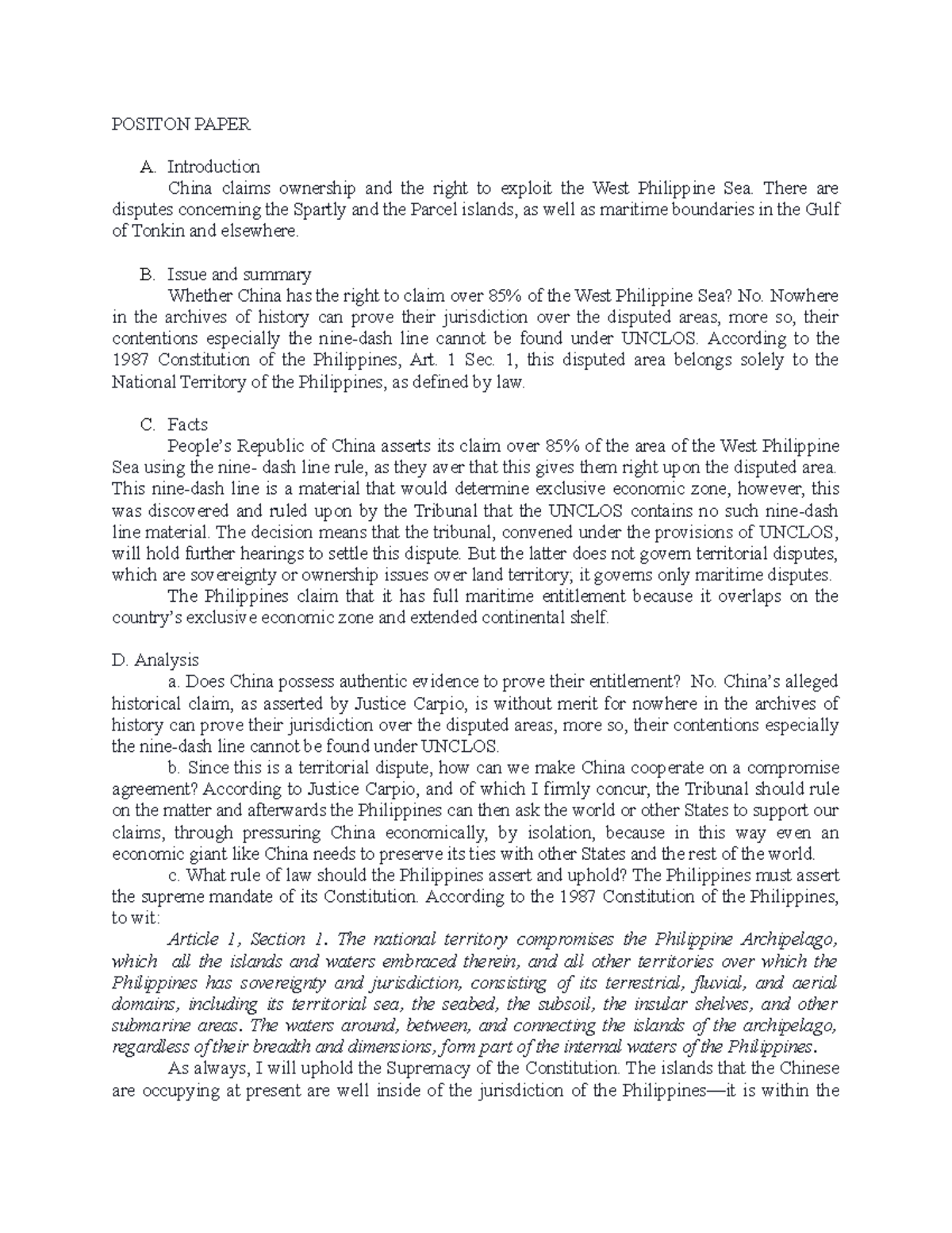 South China Sea Position Paper - POSITON PAPER A. Introduction China ...