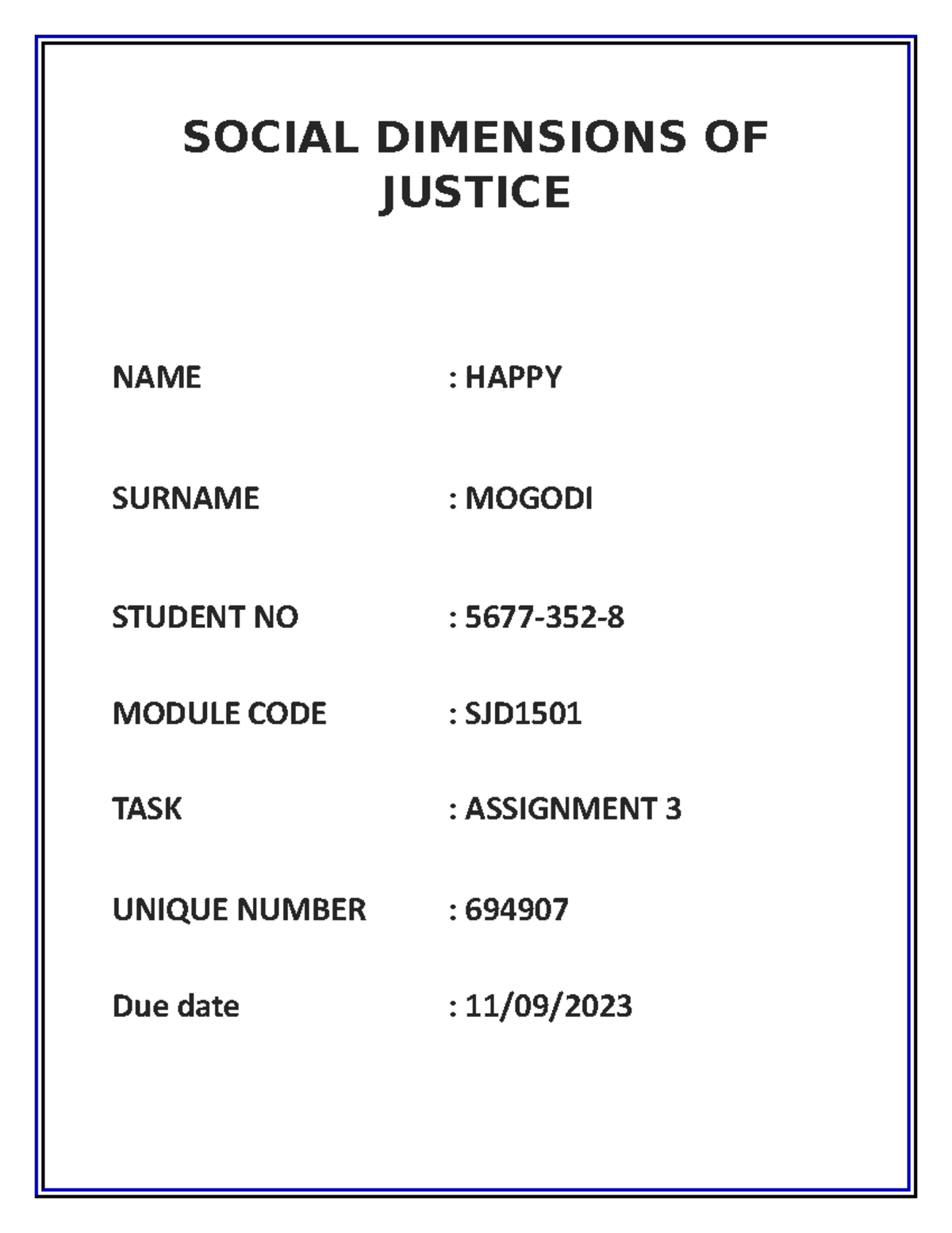 SJD1501 Assignment 3 - SOCIAL DIMENSIONS OF JUSTICE NAME : HAPPY ...