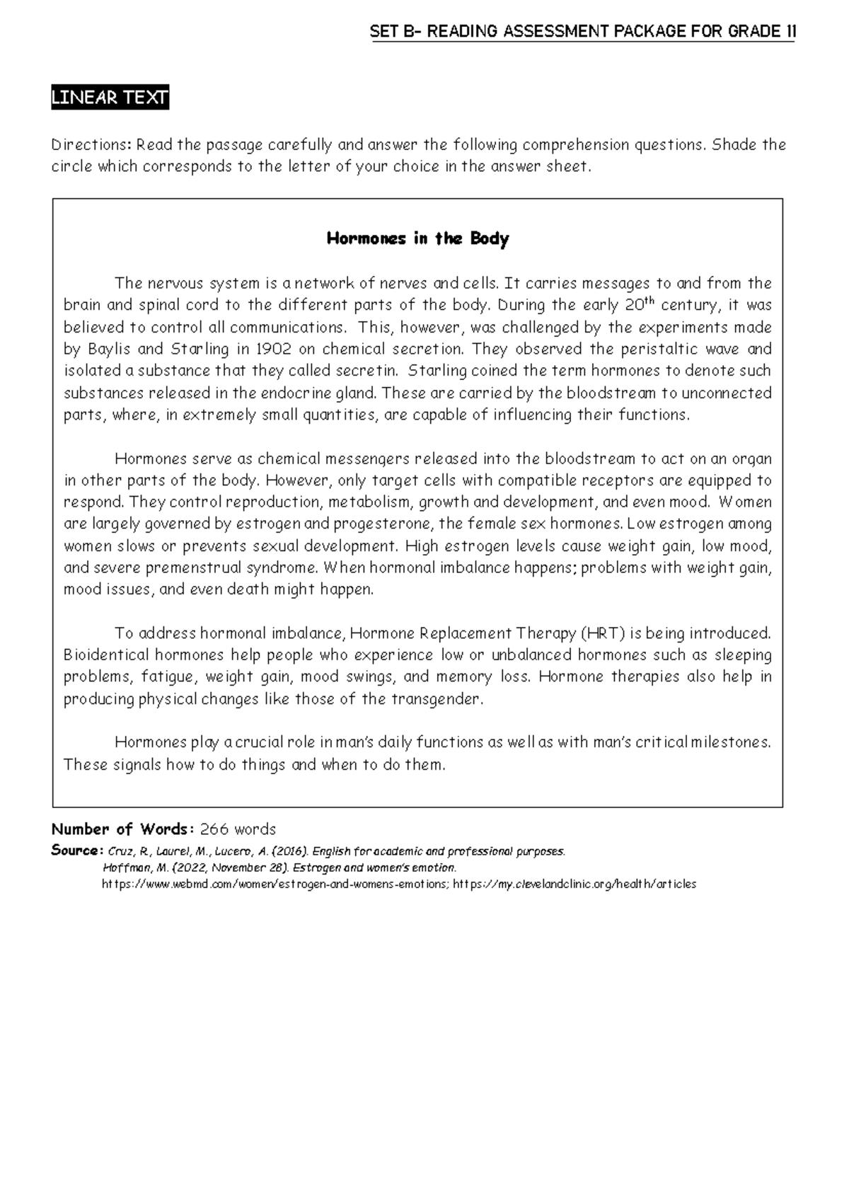 G11-Reading-Pre-Assessment-Set-B - LINEAR TEXT Directions: Read the ...