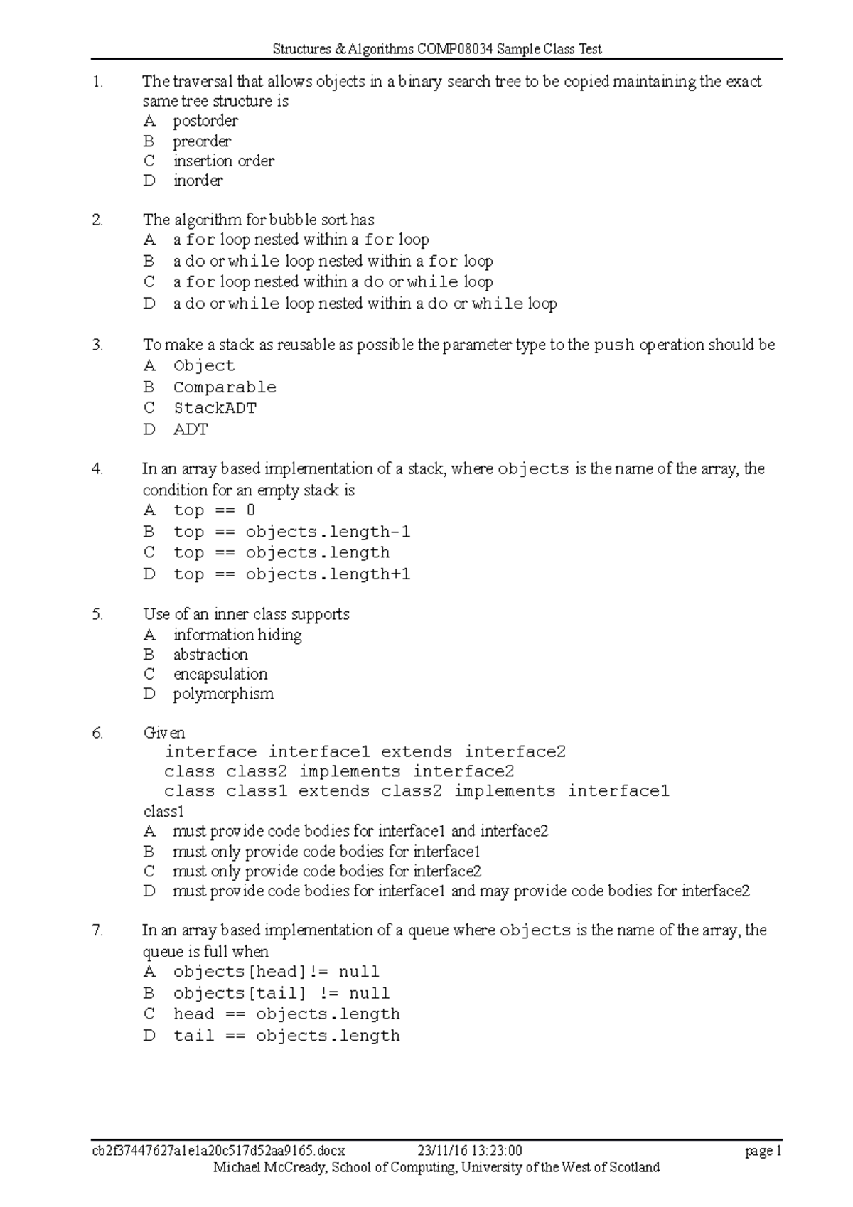 Test 23 March 2018, questions - Structures &amp; Algorithms COMP08034 ...