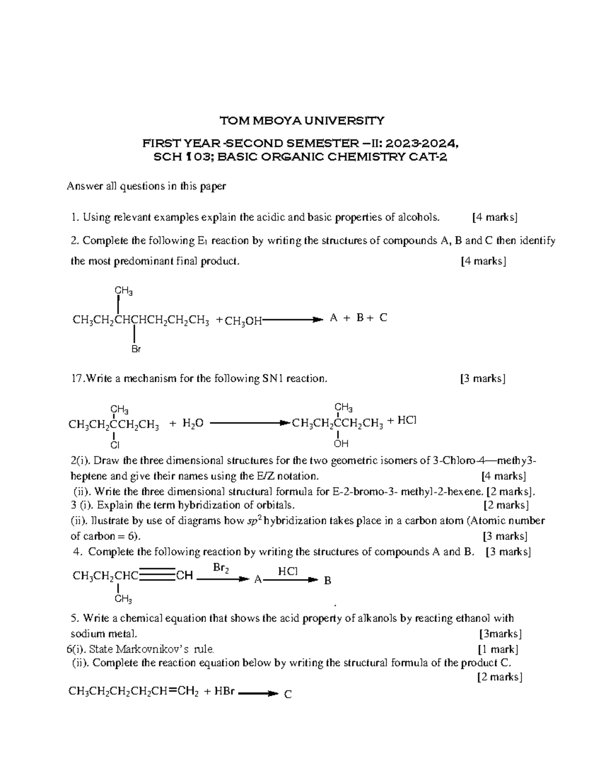 SCH 103-Assignment 2023 -2024 - TOM MBOYA UNIVERSITY FIRST YEAR - SECOND SEMESTER – II: 2023 ...