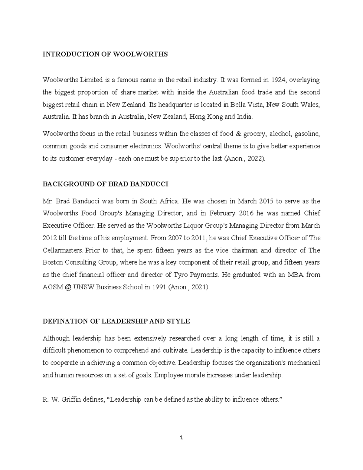 Leadership and the Human Factor - INTRODUCTION OF WOOLWORTHS Woolworths ...