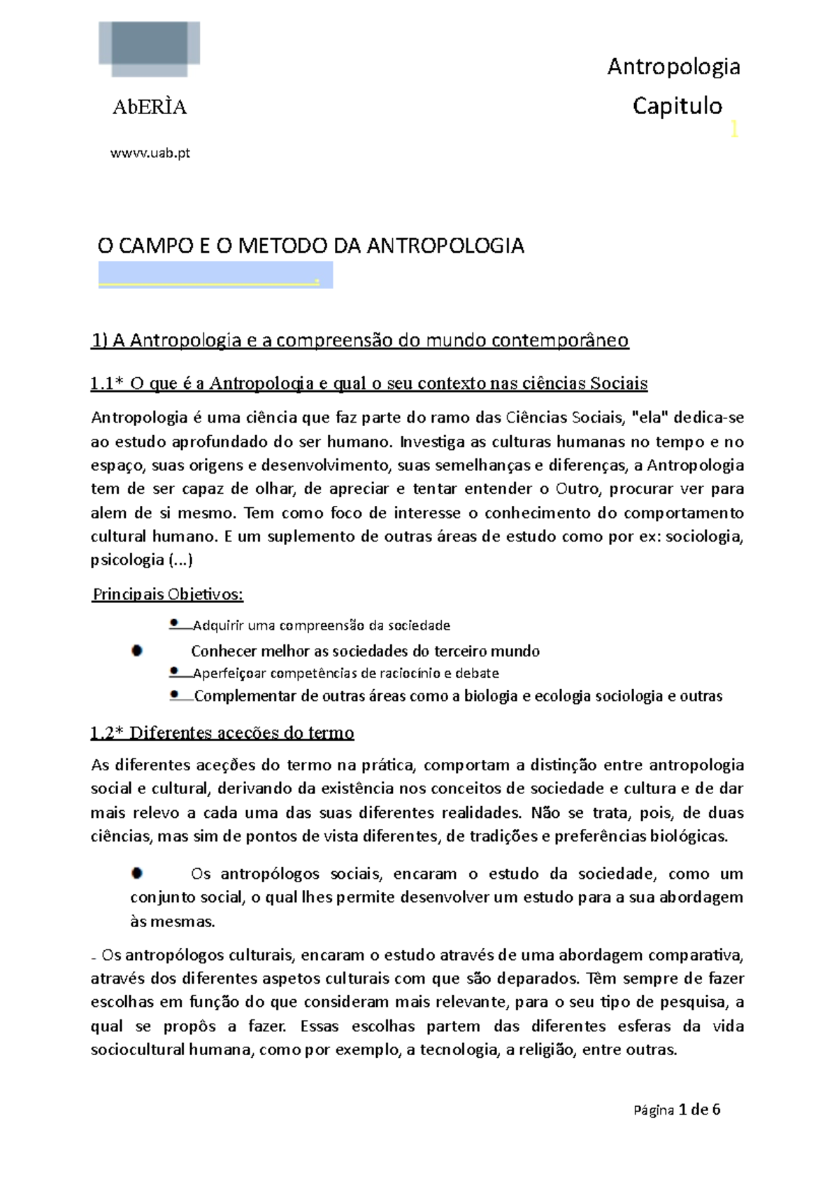 Resumo de Antropologia-resumo - AbERÌA Capitulo wwvv.uab O CAMPO E O ...