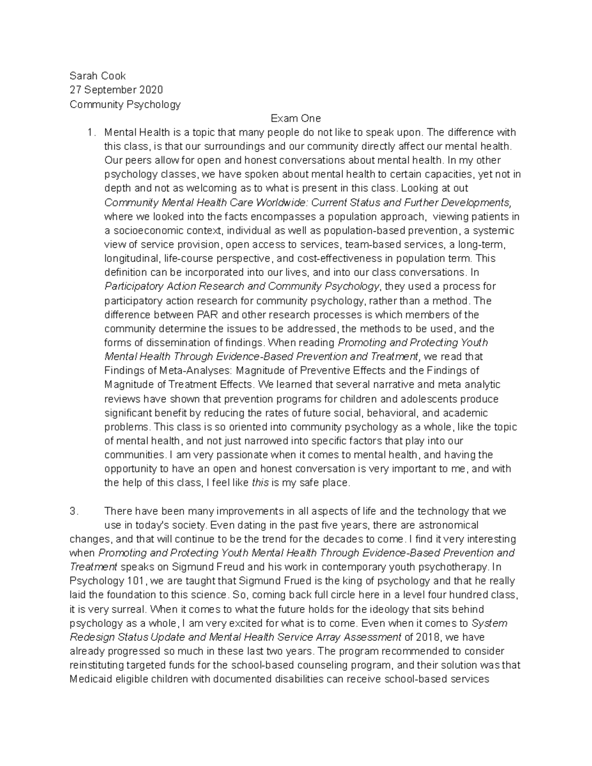 Psych 438 Exam One - Exam from Fall 2020 by Ted McDonald - Sarah Cook 27 September 2020 ...