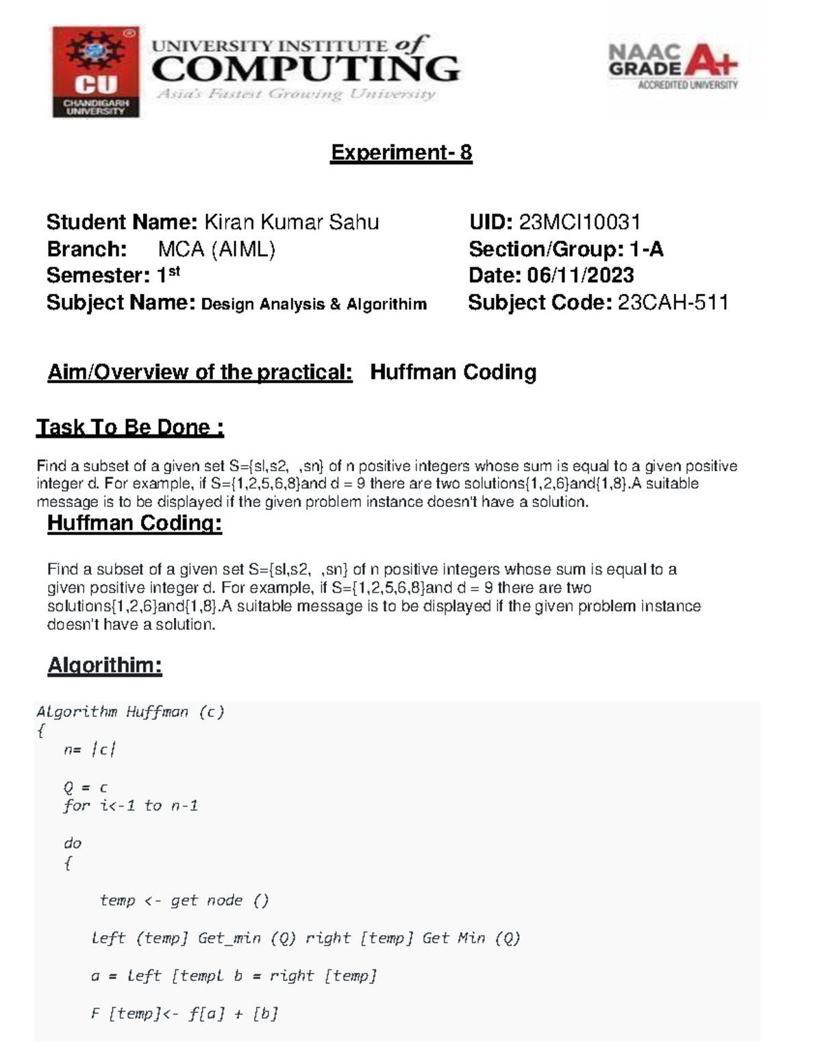 23MCI10031 Kiran Kumar Sahu daa.exp 8 huffman coding - Experiment- 8 ...