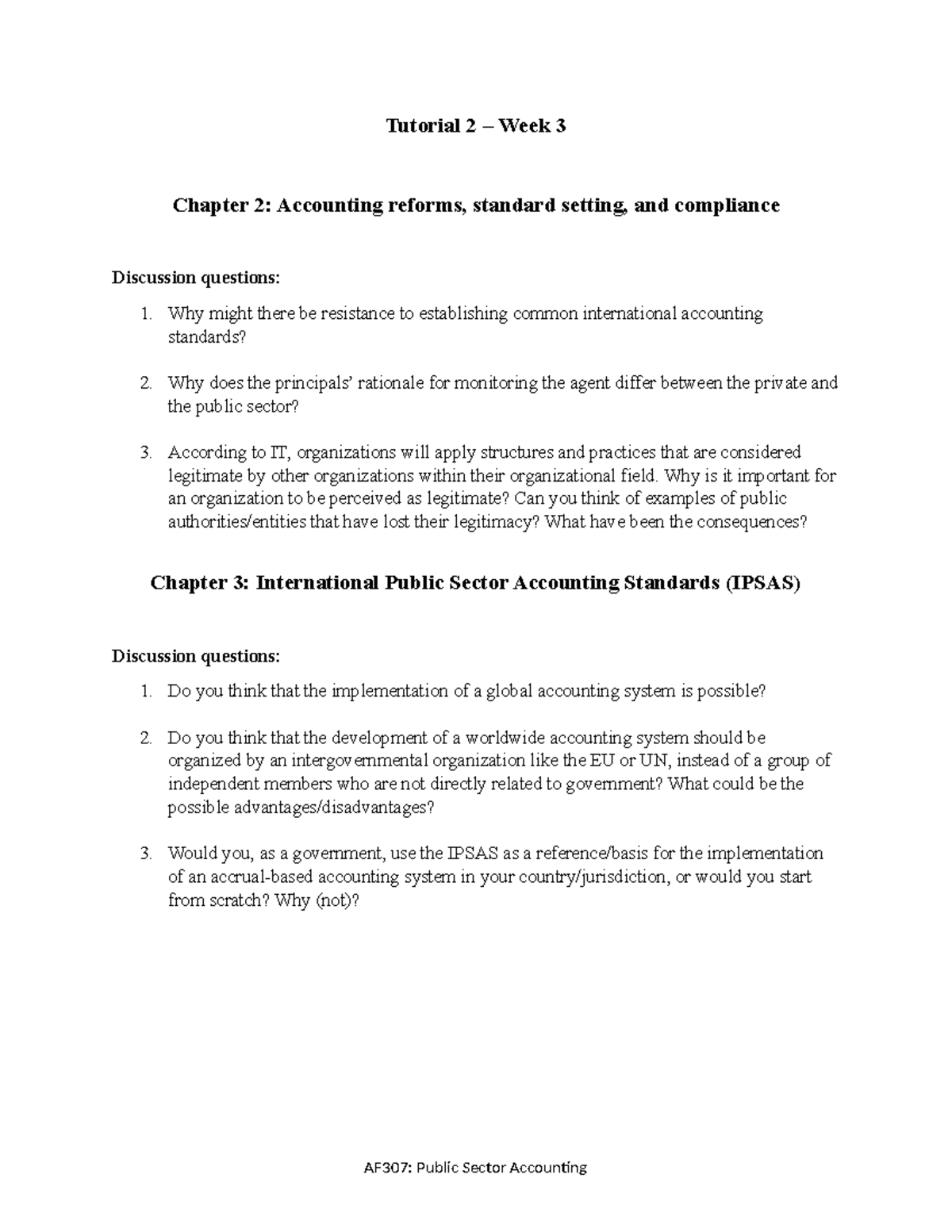 AF307 - Tutorial 2 - Tutorial 2 – Week 3 Chapter 2: Accounting reforms ...