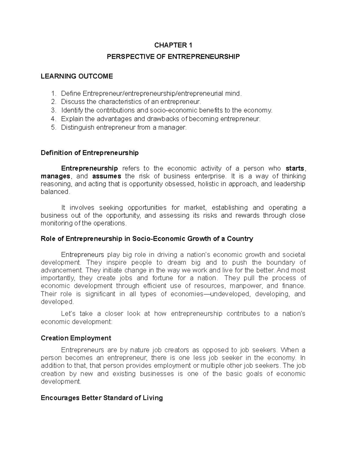 Chapter 1 Entrep MIND - CHAPTER 1 PERSPECTIVE OF ENTREPRENEURSHIP LEARNING OUTCOME Define - Studocu