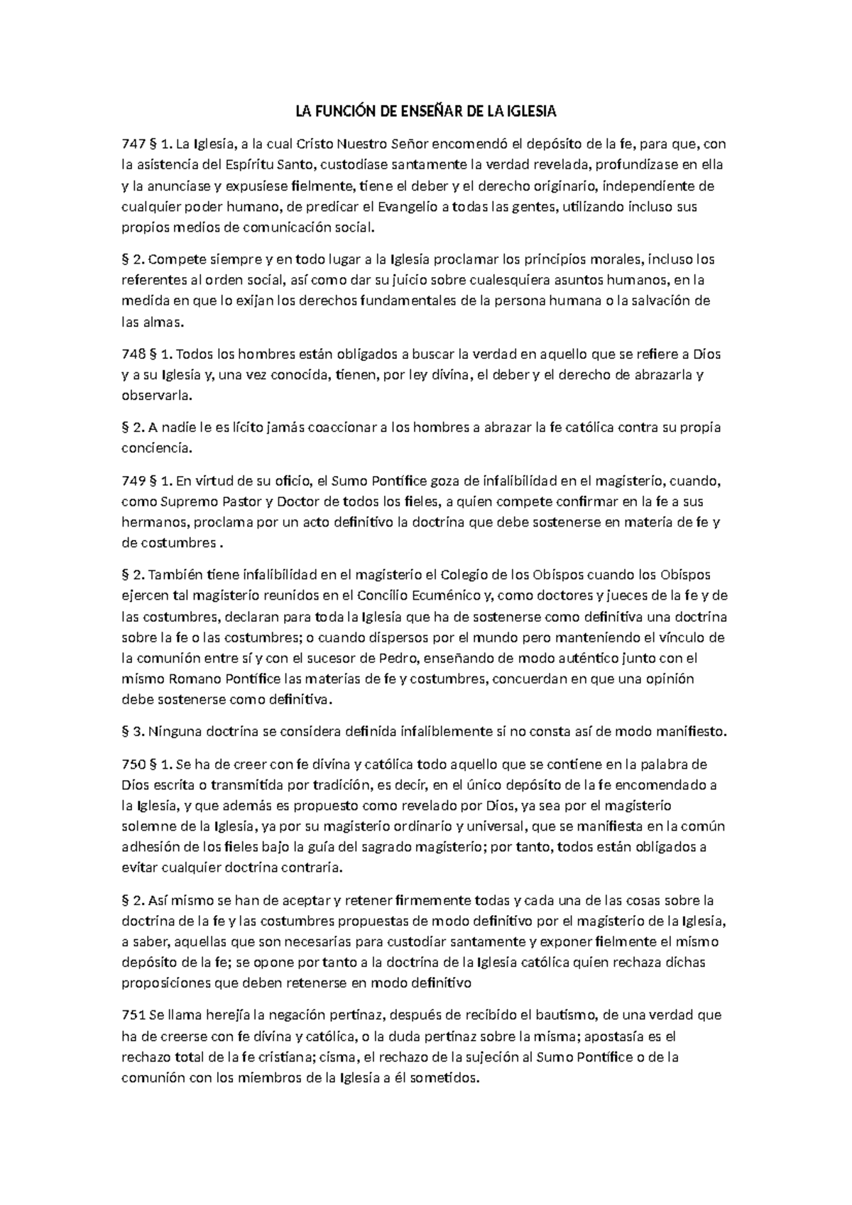 ART DEL Canonico - LA FUNCIÓN DE ENSEÑAR DE LA IGLESIA 747 § 1. La ...