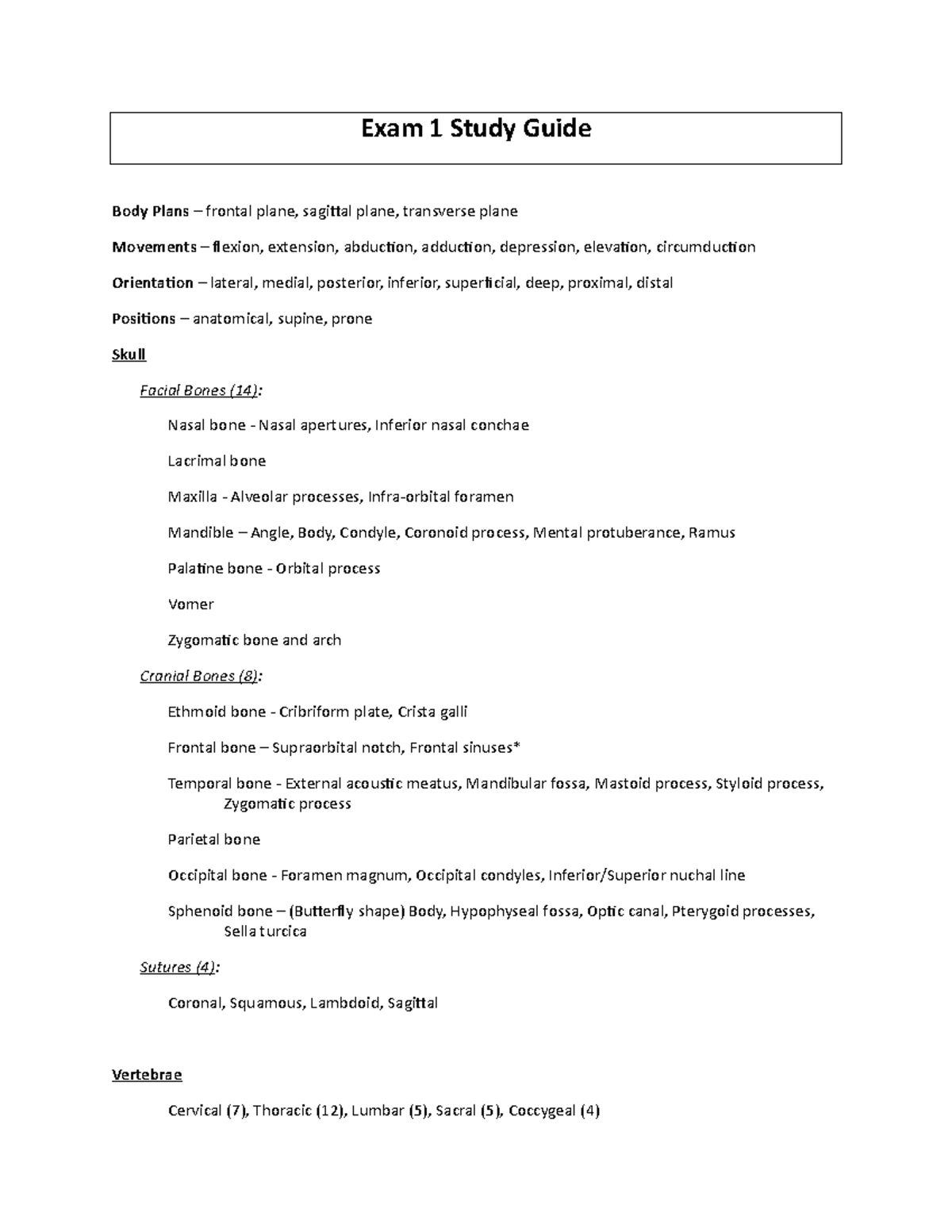 BMCH2400 F17 Exam1 Study Guide - Exam 1 Study Guide Body Plans ...