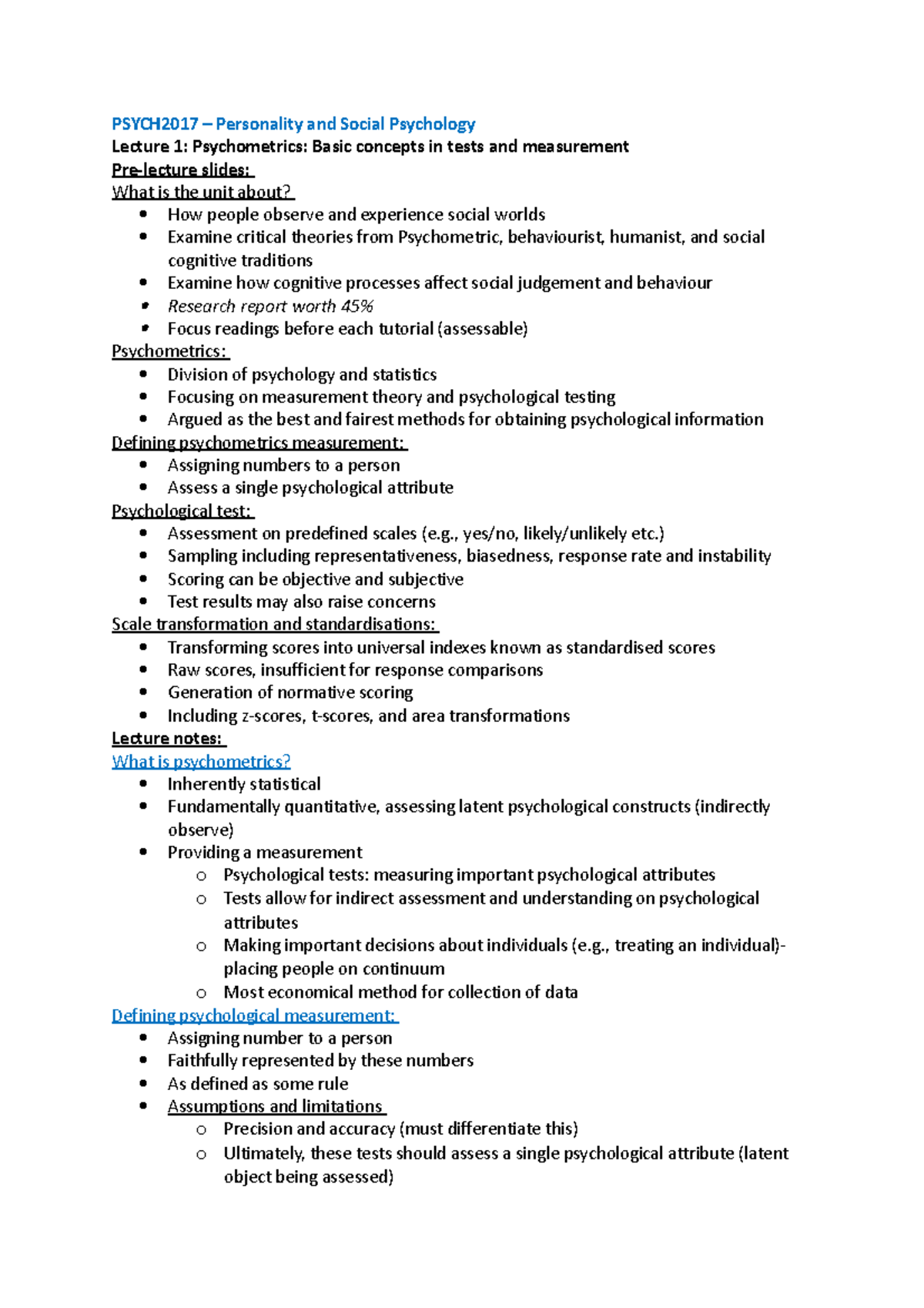 Psych 2017 Notes - PSYCH2017 – Personality and Social Psychology ...