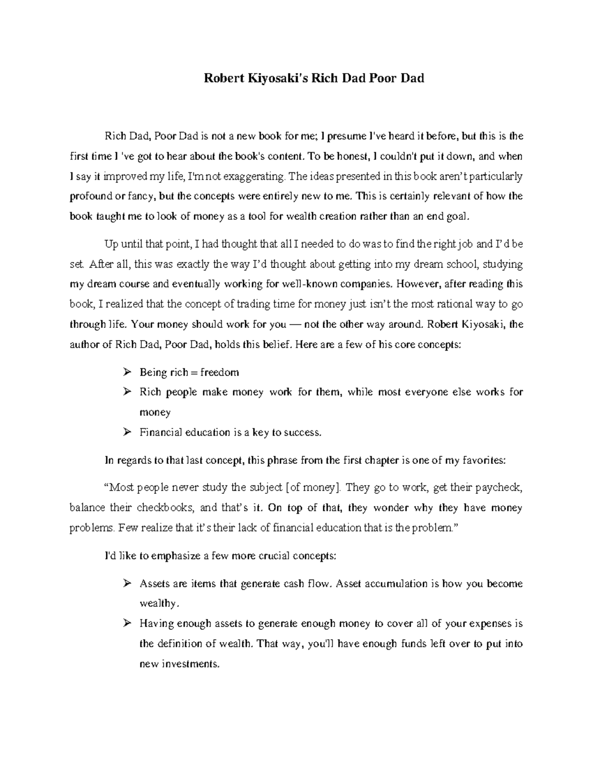 Robert Kiyosaki's Rich Dad Poor Dad - To be honest, I couldn't put it ...