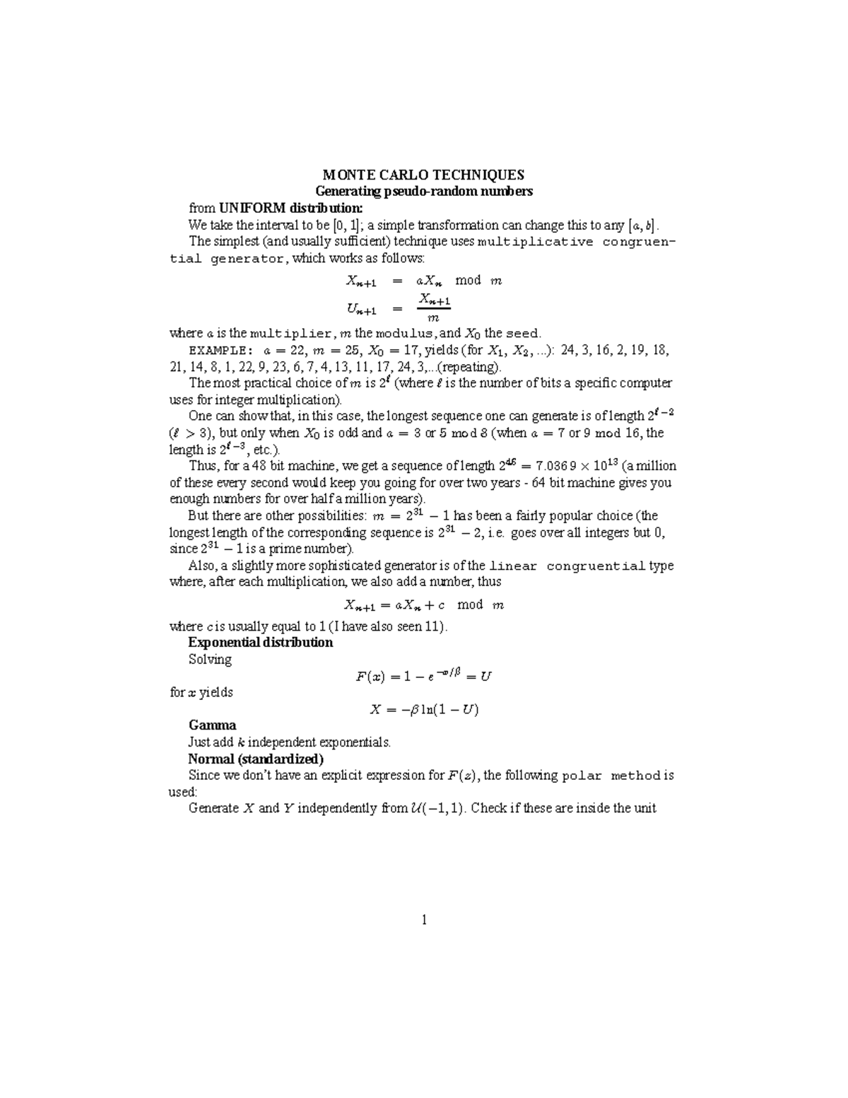 Monte Carlo techniques notes - MONTE CARLO TECHNIQUES Generating pseudo ...