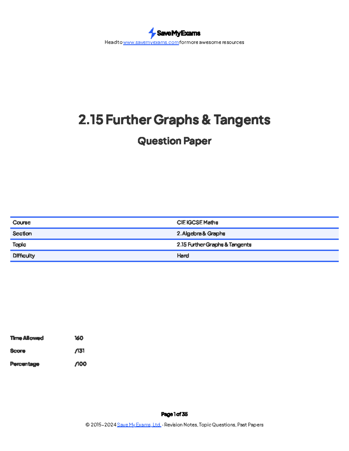 Graph and tangents - Page 1 of 35 2 Further Graphs & Tangents Question ...
