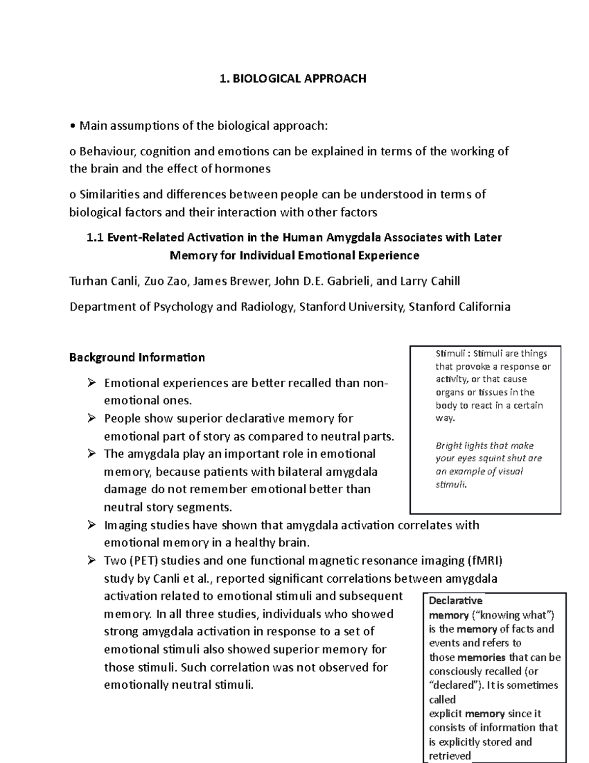 Canli study - 1. BIOLOGICAL APPROACH Main assumptions of the biological ...