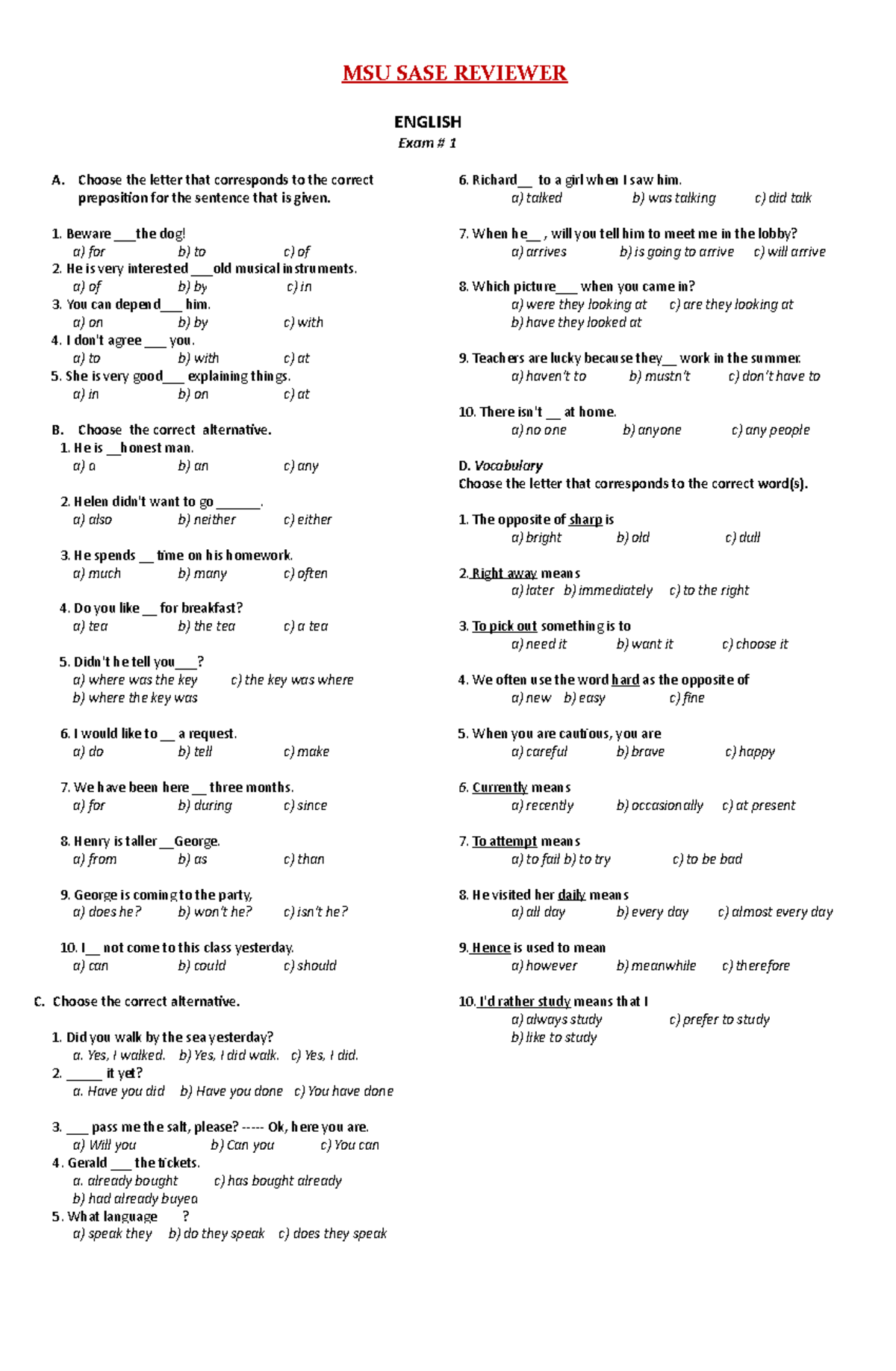 SASE Reviewer English MSU SASE REVIEWER ENGLISH Exam 1 A Choose