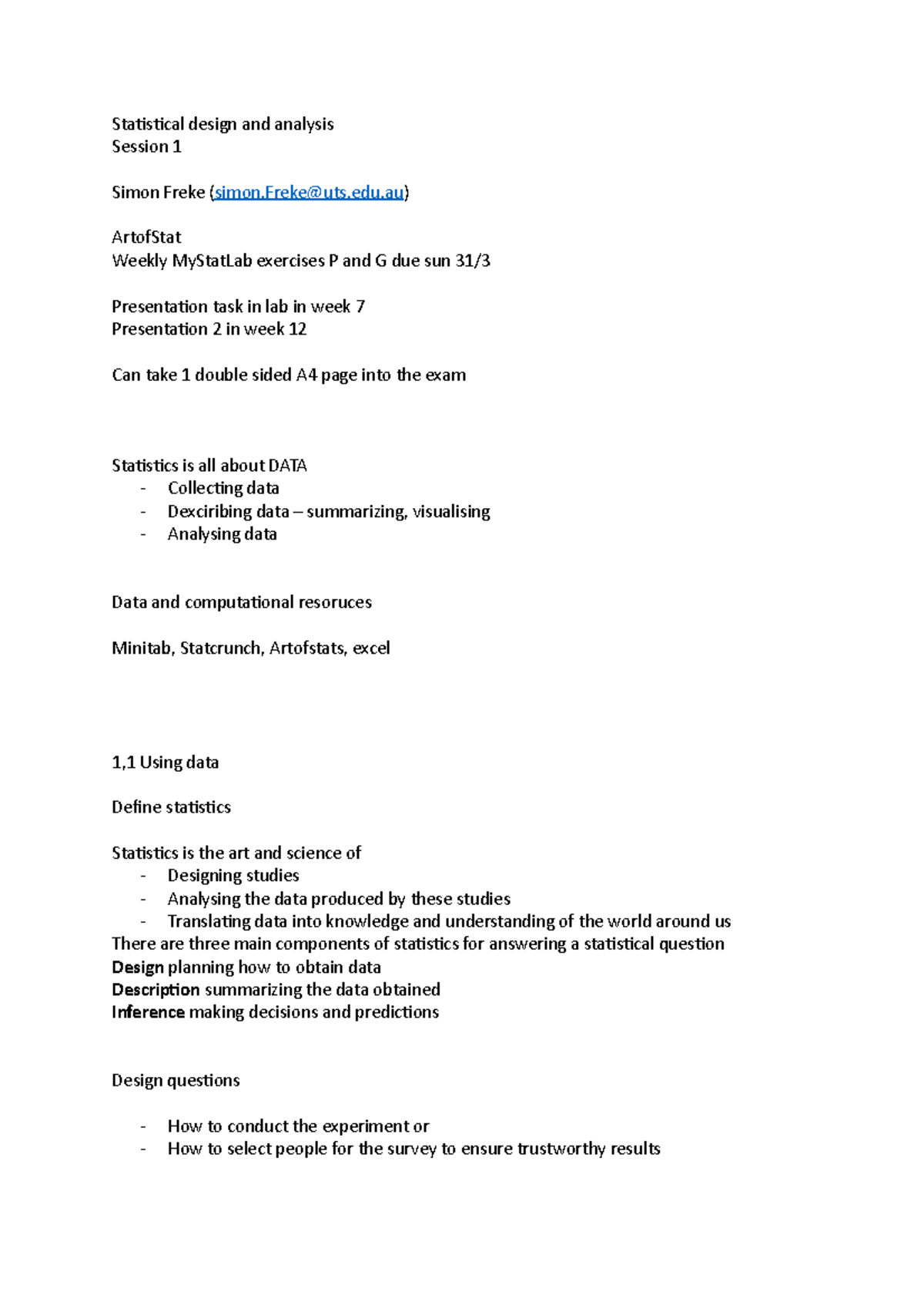 Lecture Notes - Statistical design and analysis Session 1 Simon Freke ...