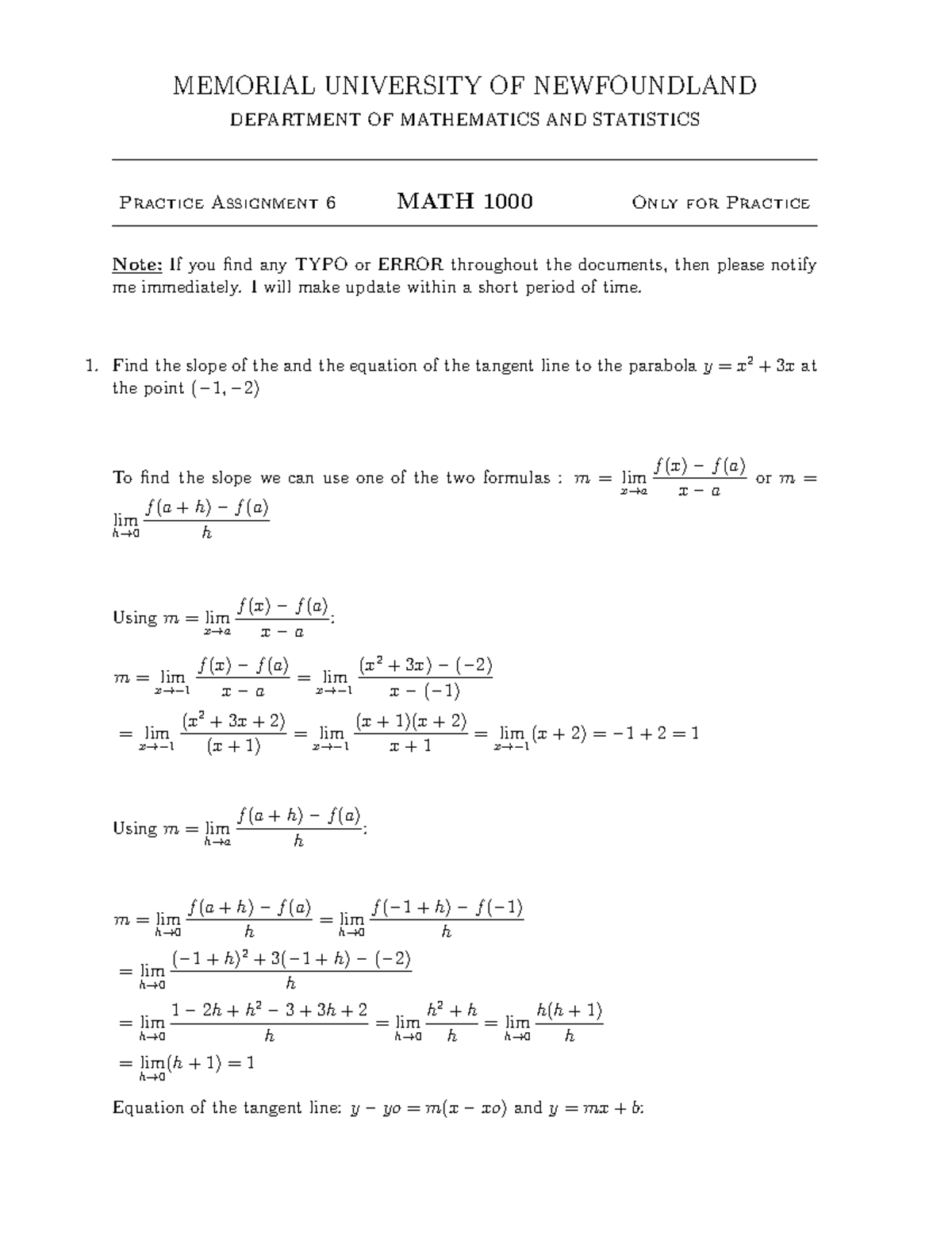 Math 1090 practice materials - MEMORIAL UNIVERSITY OF NEWFOUNDLAND ...