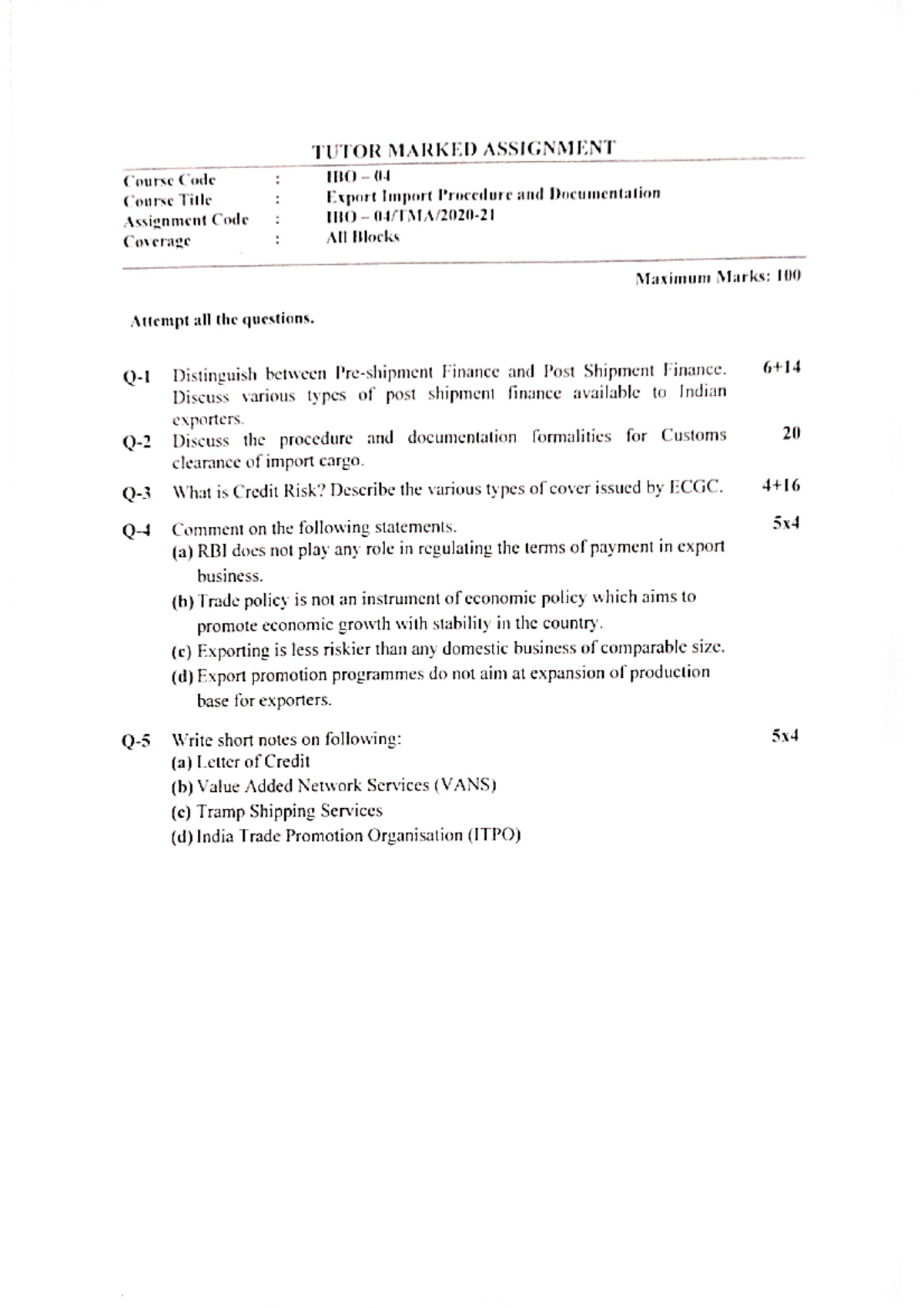 IBO 04 Ignou Solved Assignment - Export-Import Procedures and Documentation - Studocu