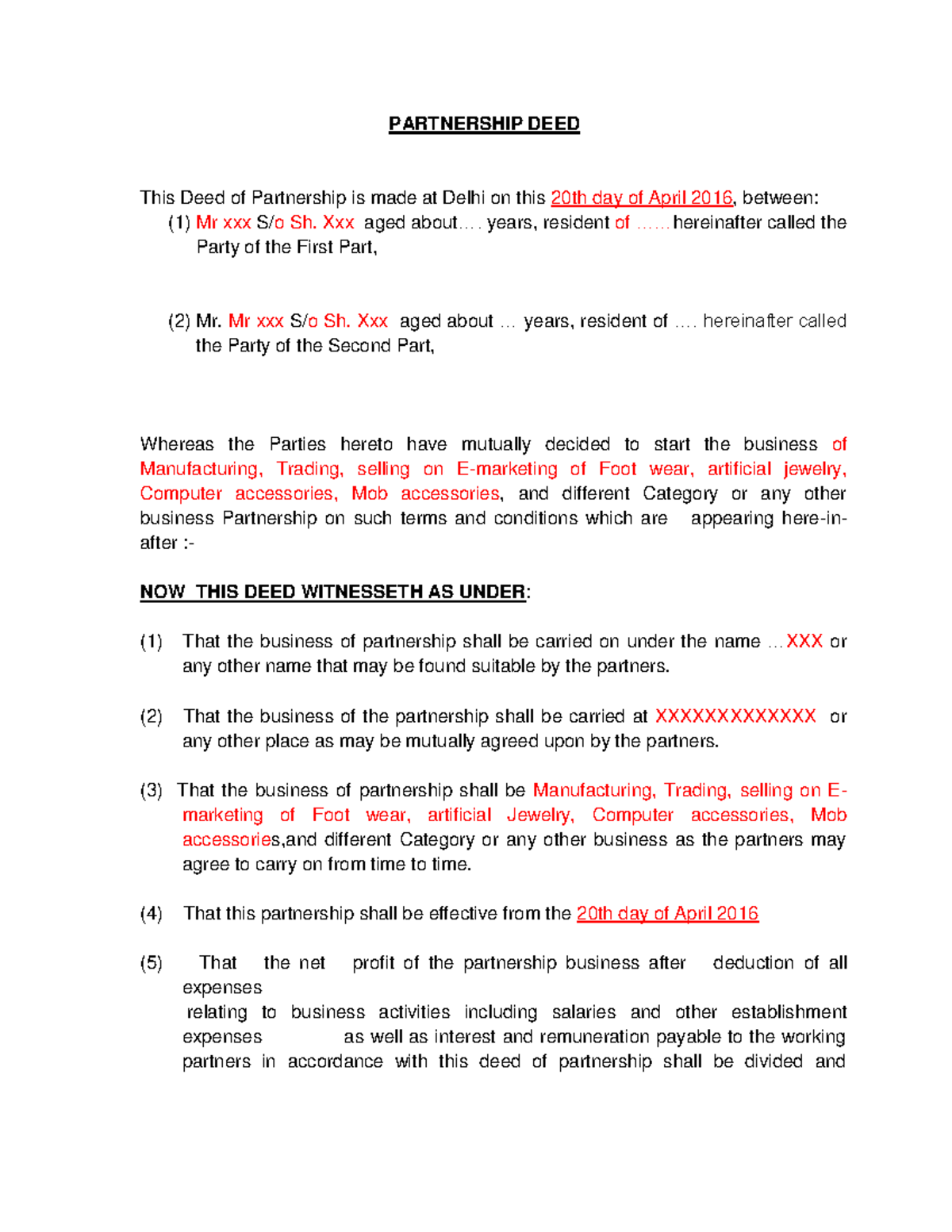 Partnership-deed-format - PARTNERSHIP DEED This Deed of Partnership is ...