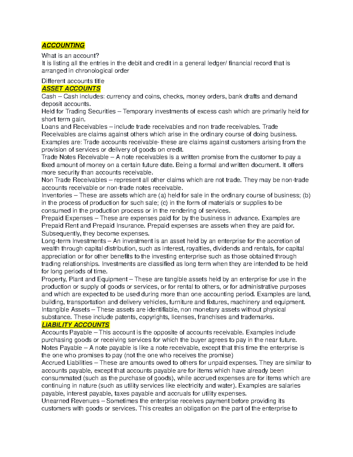 Accounting - Accounts Title - ACCOUNTING What is an account? It is ...