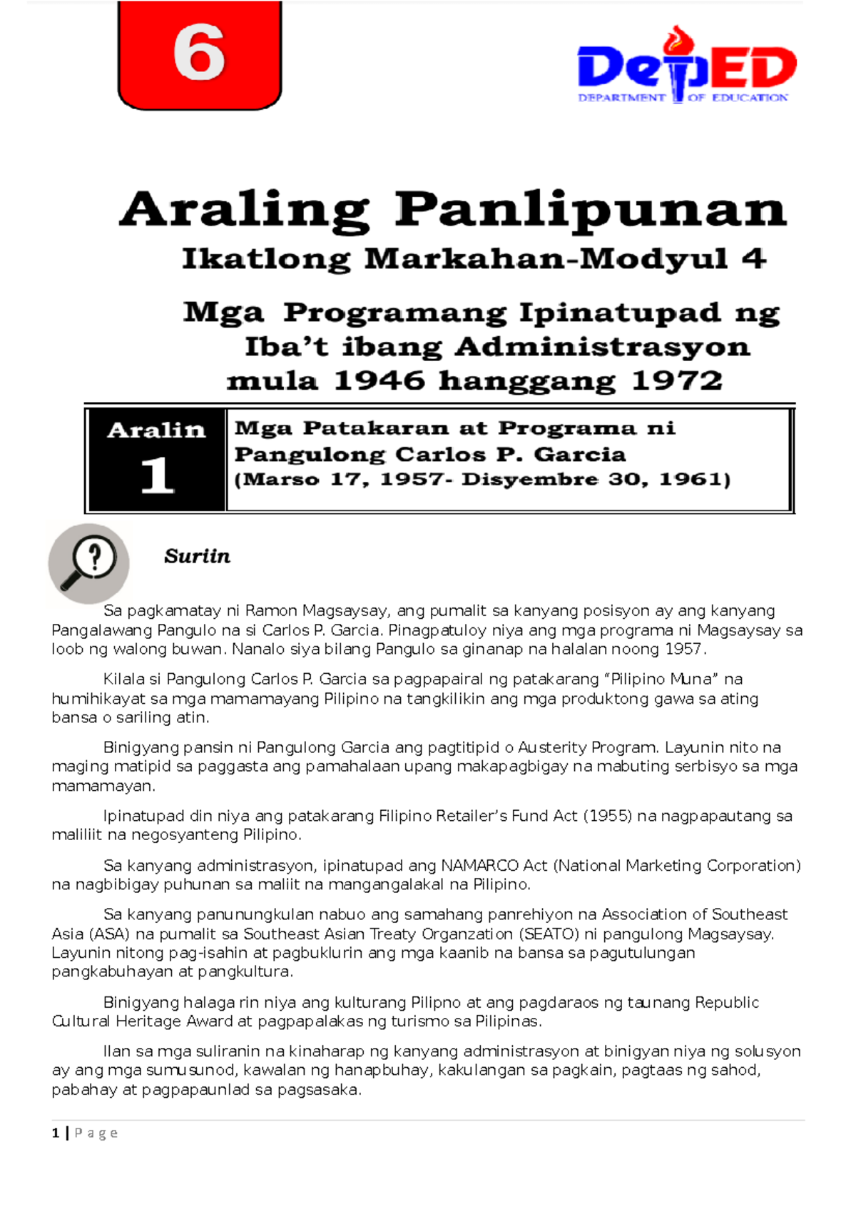 AP Q3 Module 4 - Araling Panlipunan - Sa pagkamatay ni Ramon Magsaysay ...